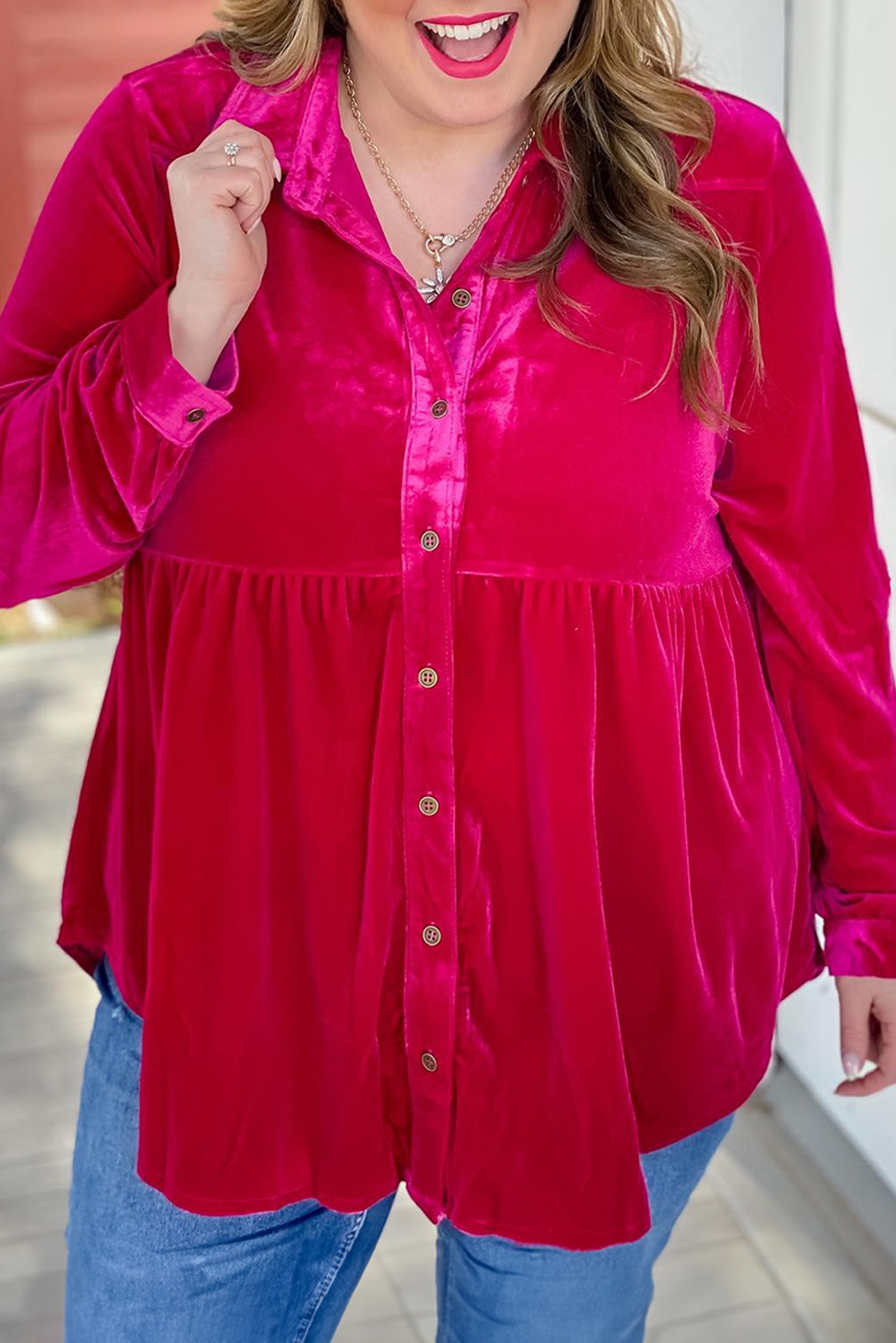 $10.54 Rose Red Plus Size Button Up Babydoll Long Sleeve Velvet Shirt ...