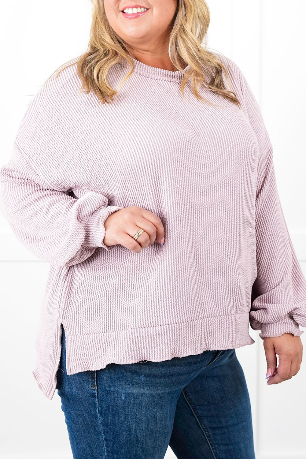 $7.89 Light Pink 3D Spiral Ribbed Lettuce Cuffed Plus Size Long Sleeve ...