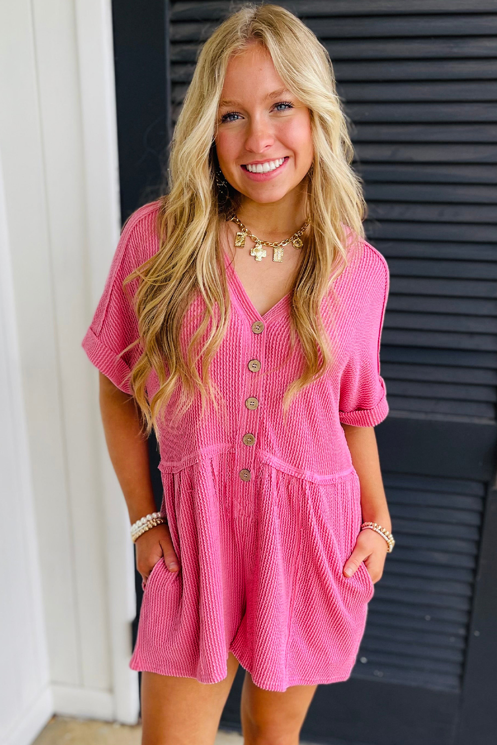 $9.95 Bright Pink Spiral Ribbed Short Sleeve V Neck Buttoned Romper ...