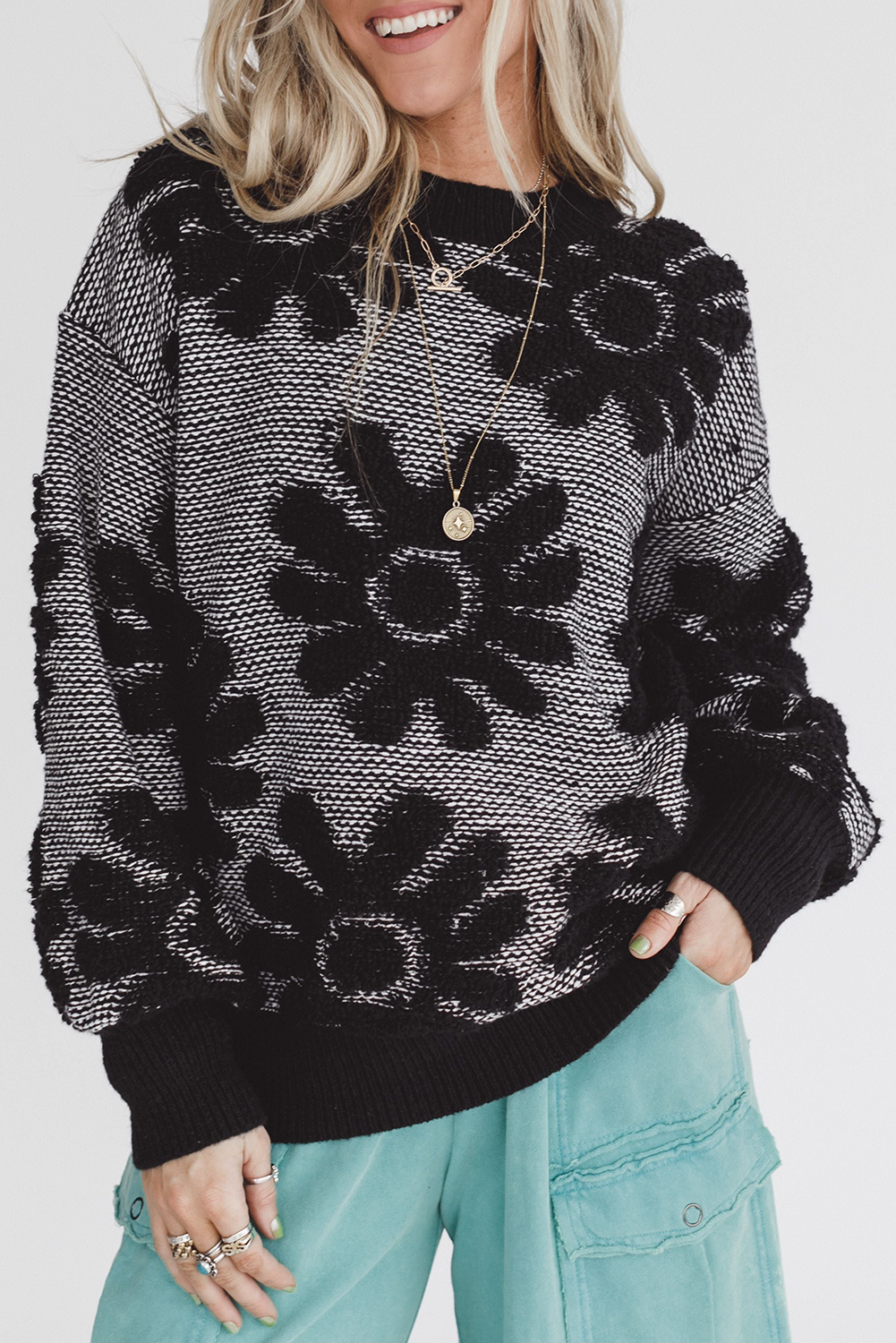 $10.95 Black Plush Flower Pattern Drop Shoulder Sweater Wholesale