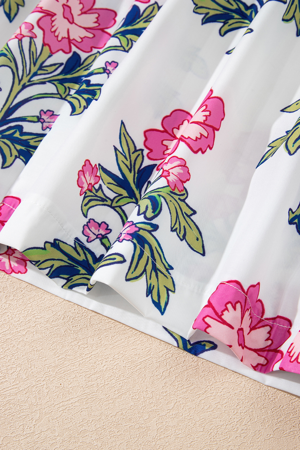 $5.7 White Floral Colorblock Stripe Knot Bubble Sleeve V Neck Blouse ...