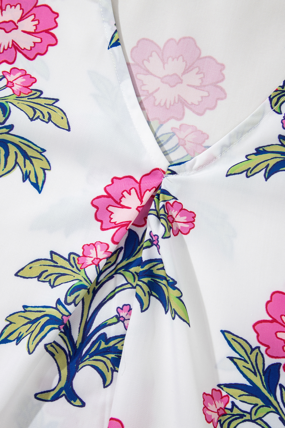 $5.7 White Floral Colorblock Stripe Knot Bubble Sleeve V Neck Blouse ...