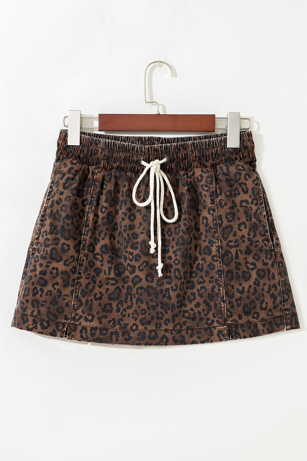 $9.85 Brown Leopard Print Elastic Waist Drawstring Denim Skort Wholesale