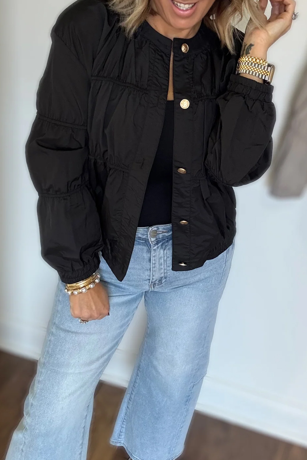$12.49 Black Elastic Piping Detail Button Front Jacket Wholesale