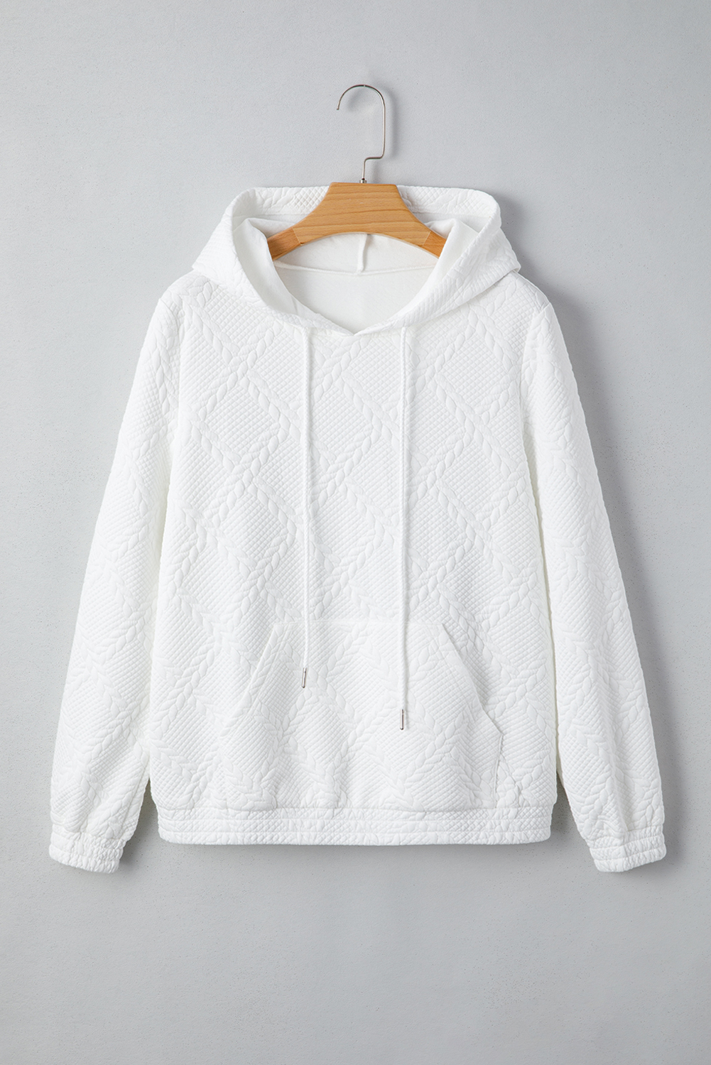$8.26 White Cable Lattice Texture Kangaroo Pocket Hoodie Wholesale