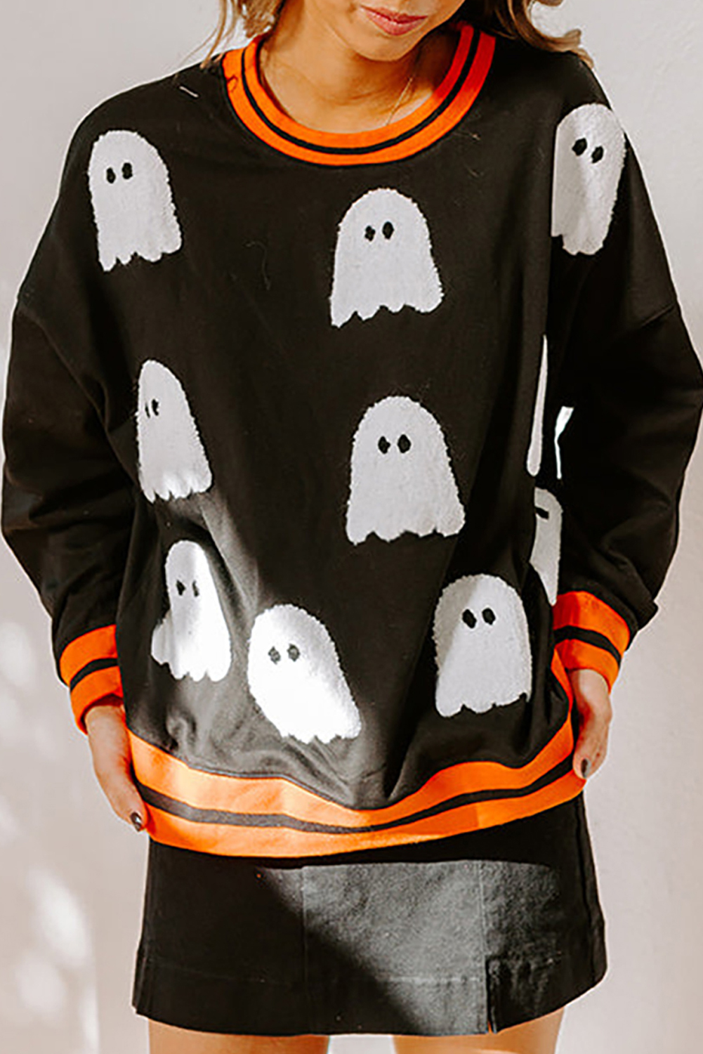 $11.5 Black Halloween Terry Ghost Striped Trim Loose Sweatshirt Wholesale