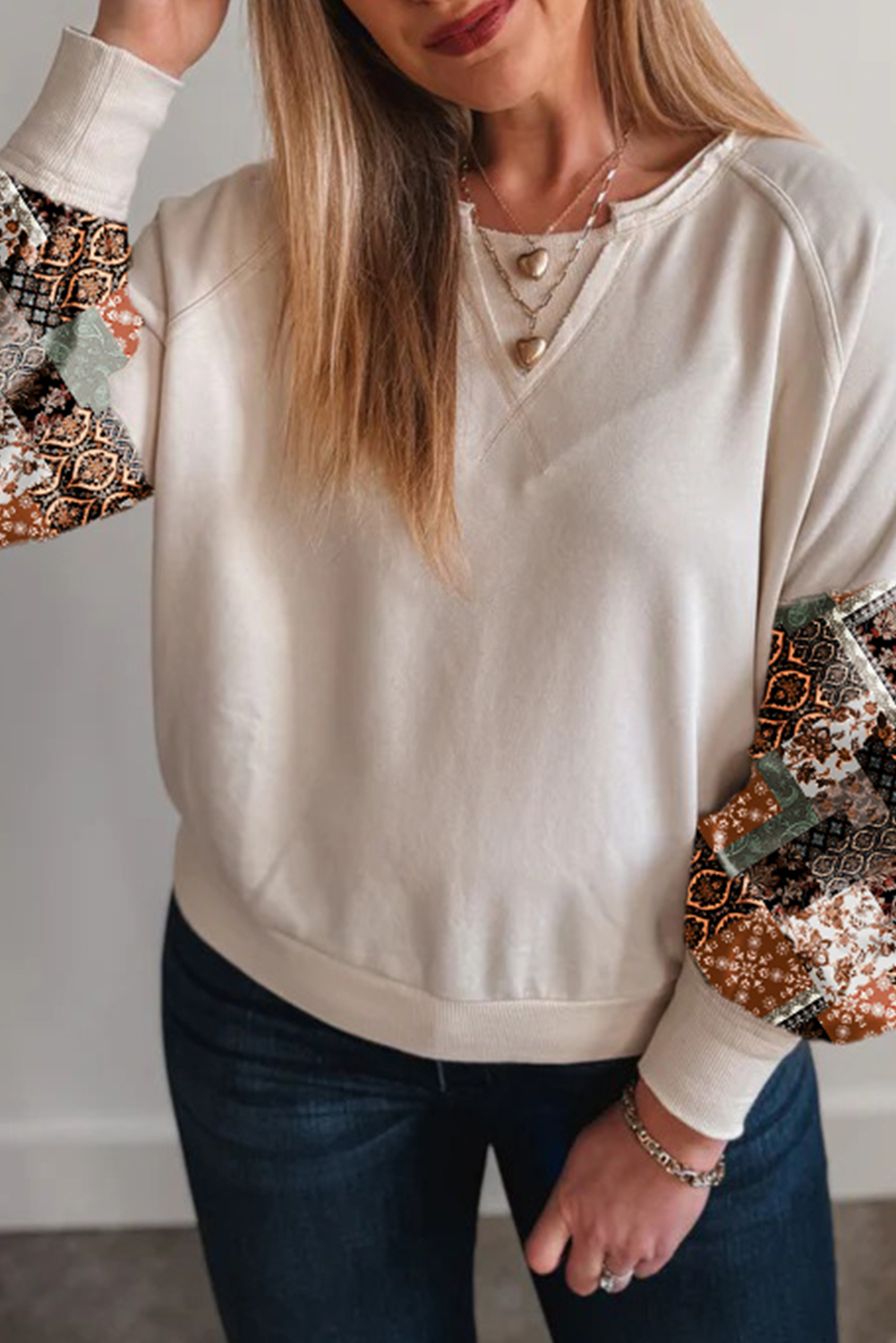 $5.98 Jet Stream Raw Edge Neck Boho Puff Sleeve Patchwork Loose Top ...