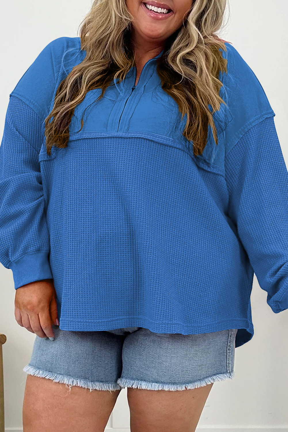 $10.54 Light Blue Waffle Patchwork Quarter Zip Long Sleeve Pullover Top ...