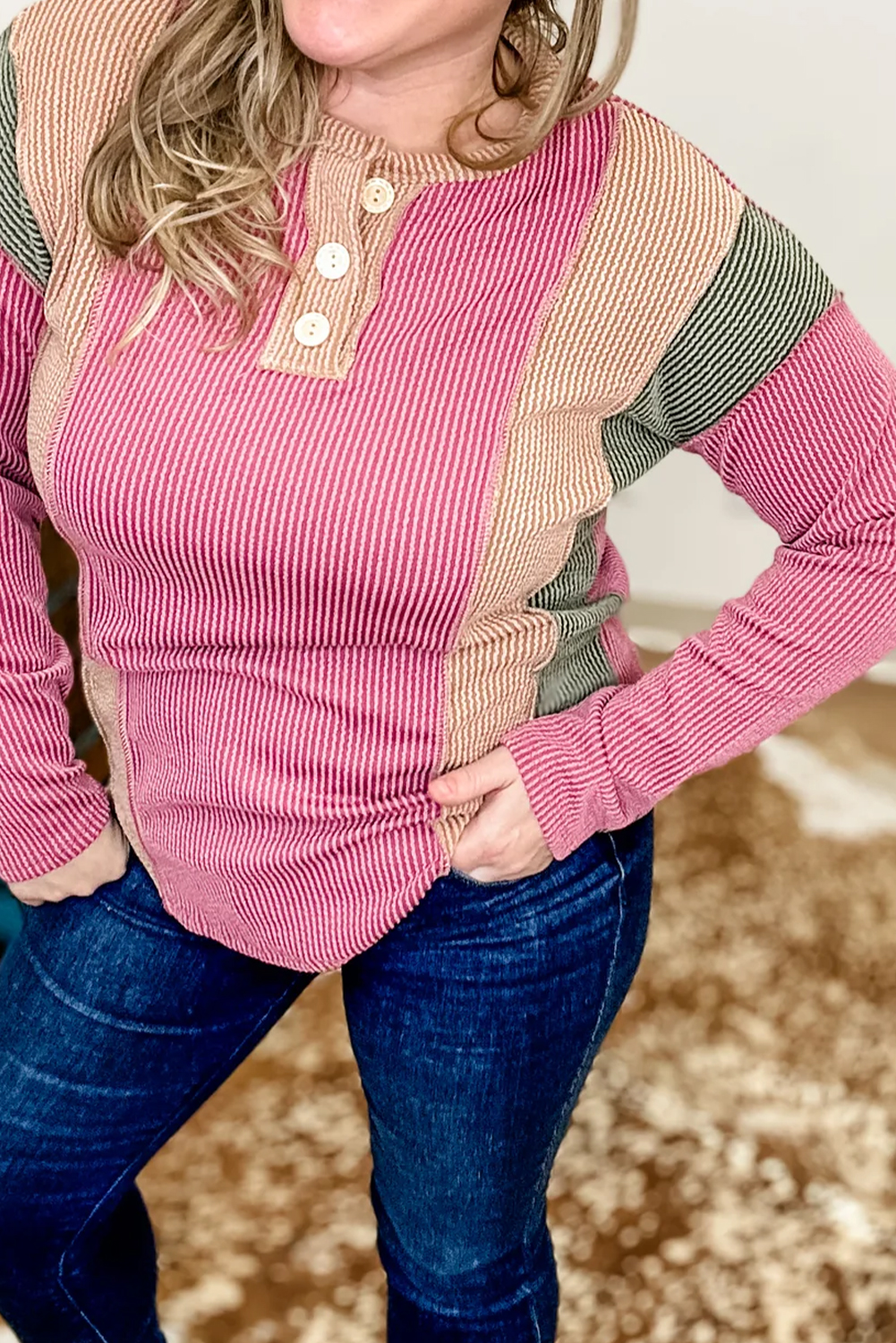 $8.4 Bright Pink Twisted Rib Colorblock Patchwork Plus Size Henley Top ...
