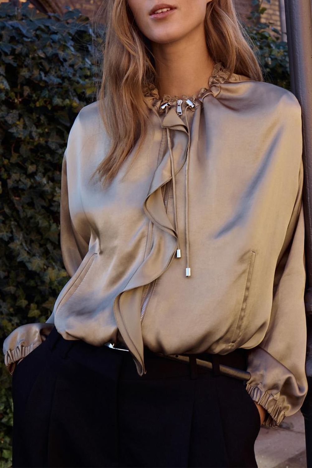 $10.2 White Draw-cord Ruffle Trim Zip Up Silky Jacket Wholesale