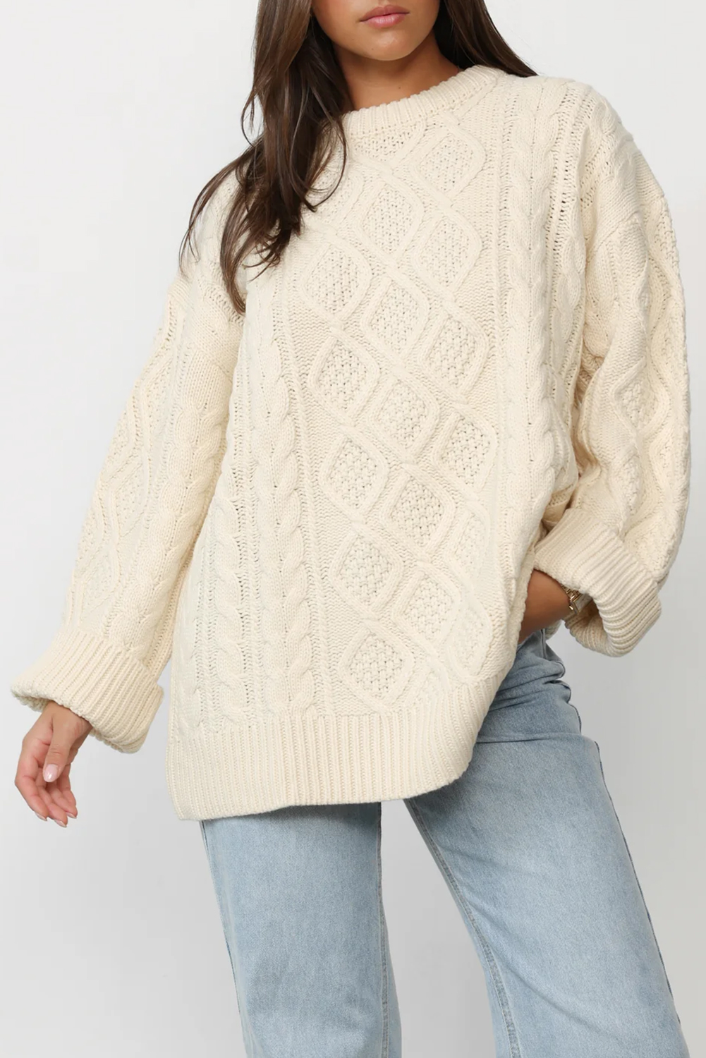 $11 White Cable Rhombus Knit Oversize Sweater Wholesale