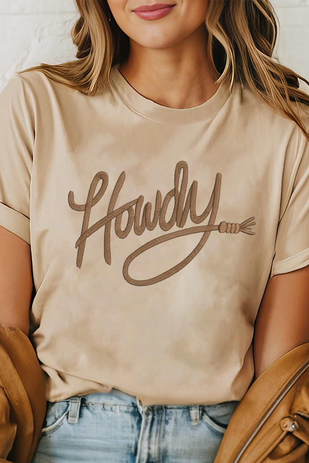 $6.25 Khaki Howdy Embroidered Graphic Western Tee Wholesale