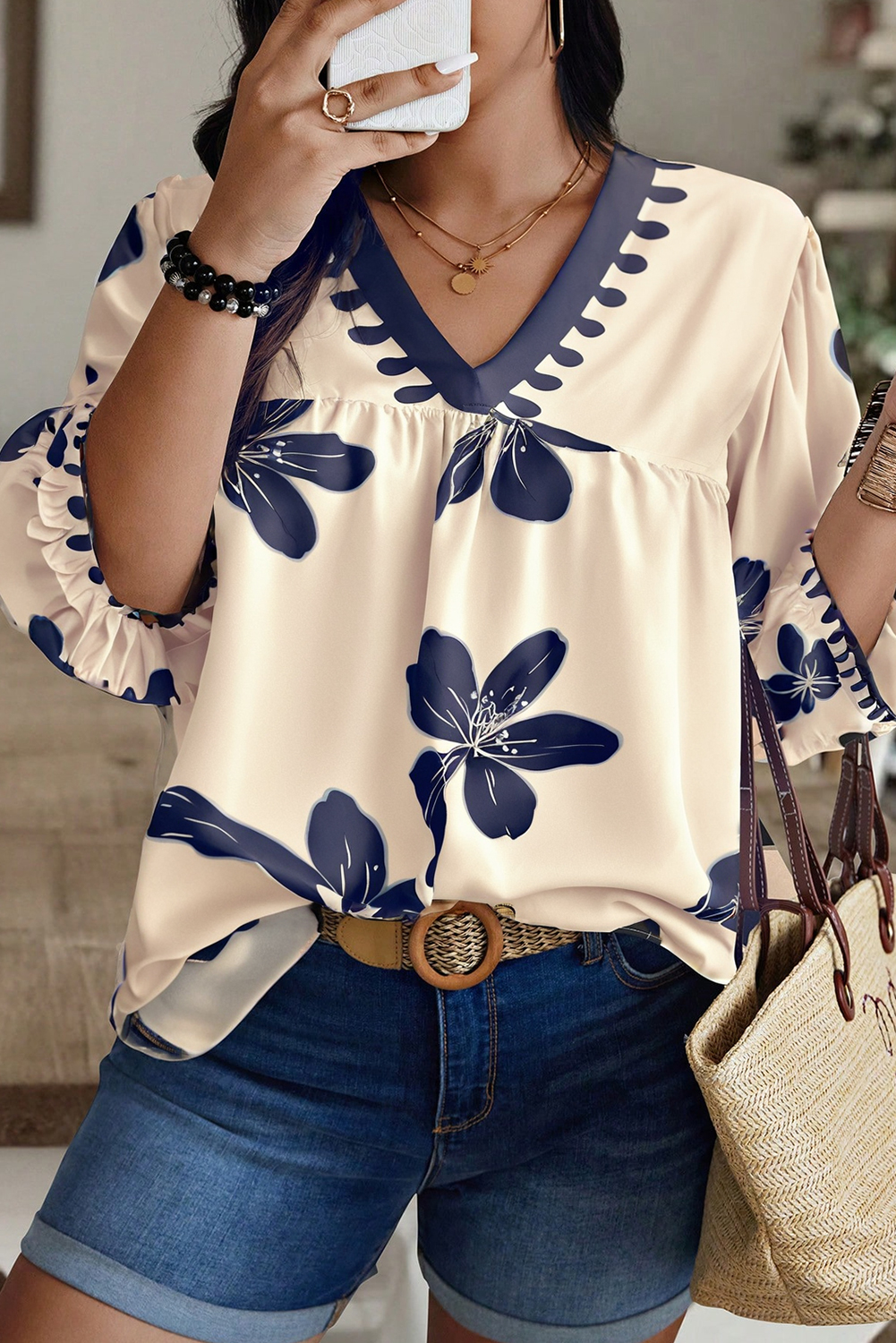 $10.45 Apricot Plus Floral V Neck Fall Blouse Wholesale