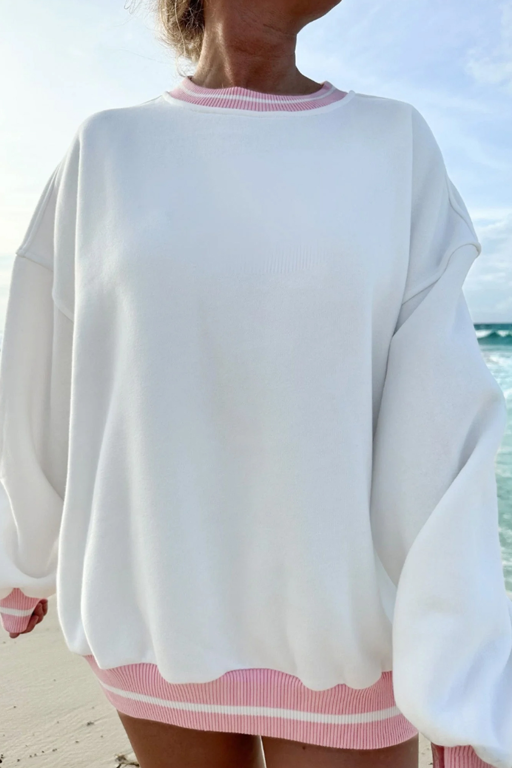 $7.85 White Contrast Ribbed Preppy Crew Neck Oversize Sweatshirt Wholesale