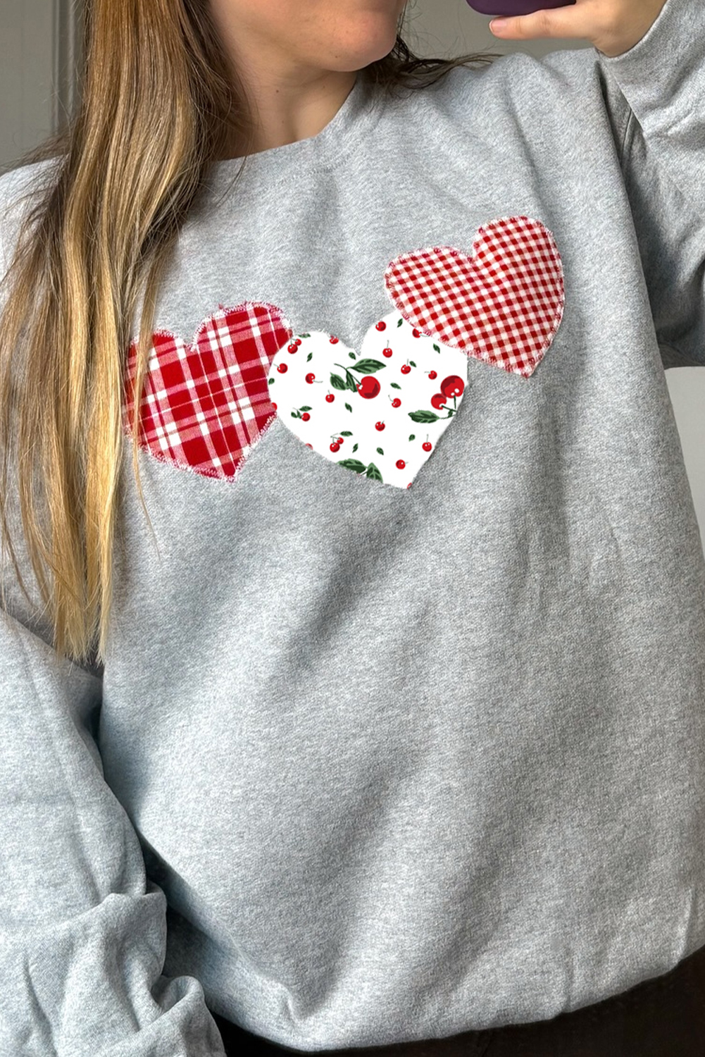 $11.45 Light Grey Cherry Plaid Trio Heart Patched Plus Size Sweatshirt ...
