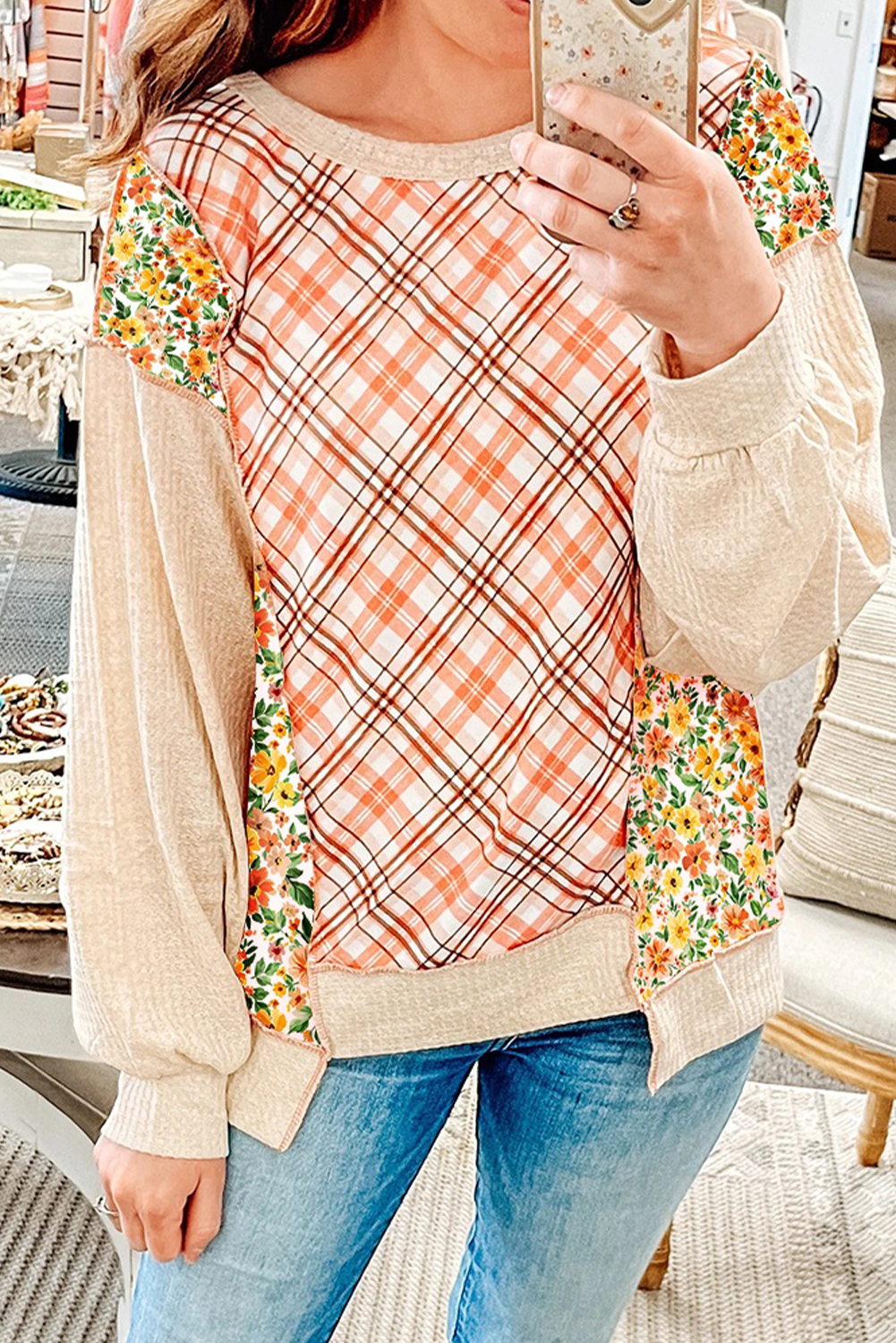 $6.89 Beige Plaid Floral Mixed Pattern Patchwork Uneven Hem Textured ...