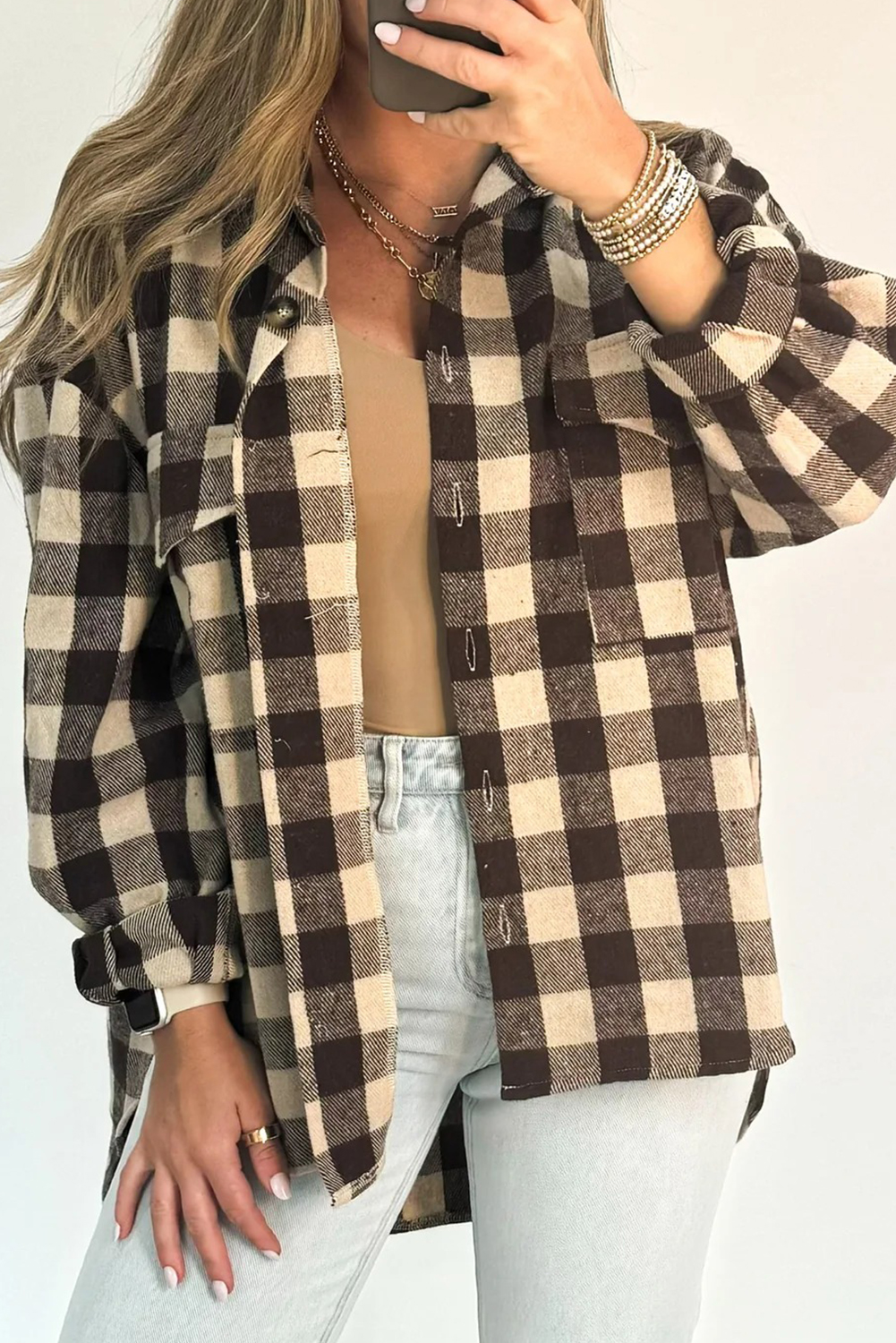 $12.01 Brown Plaid Print Double Flap Pocket Side Slit Casual Shacket ...