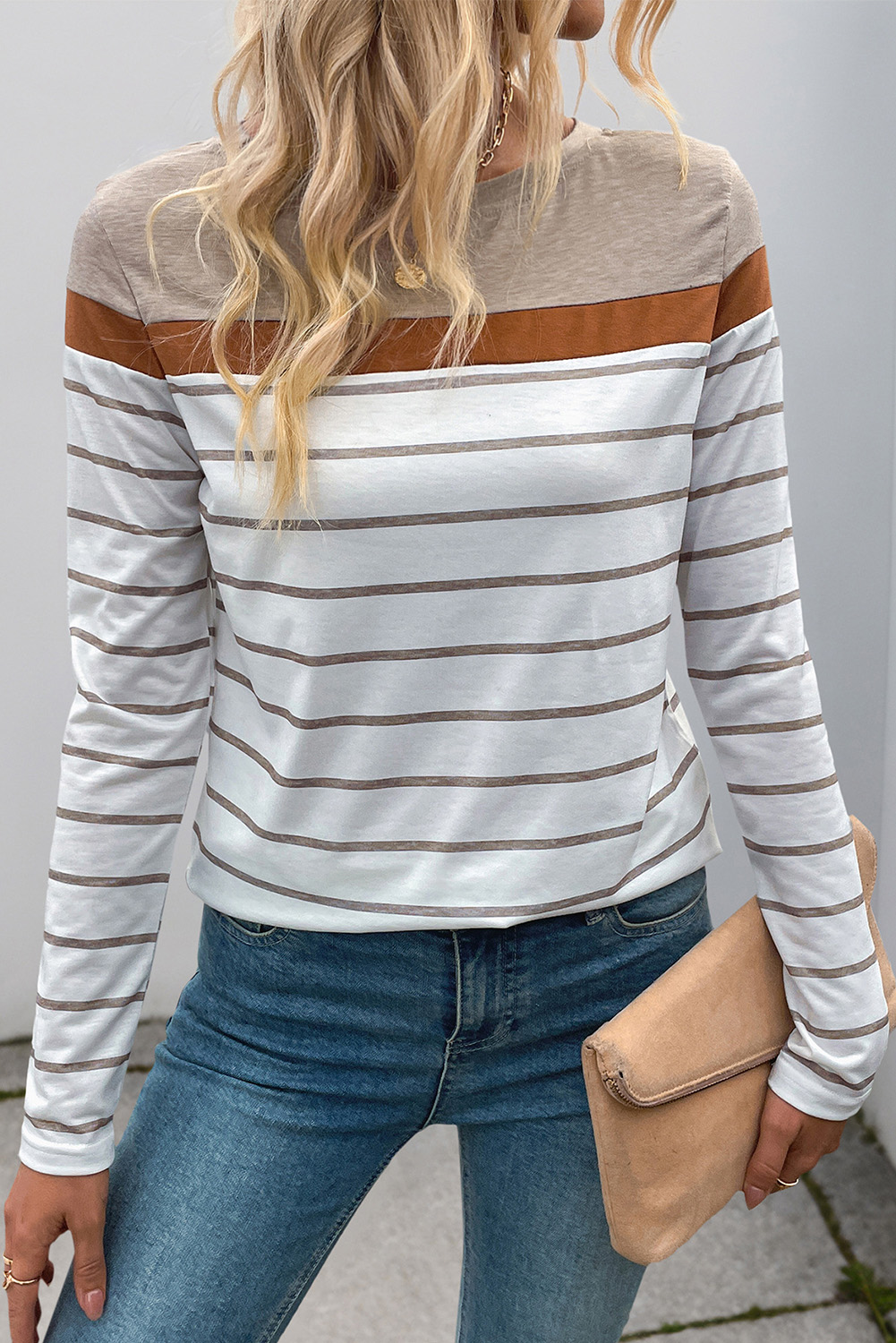 $7.59 White Stripe Colorblock Long Sleeve Round Neck Tee Wholesale