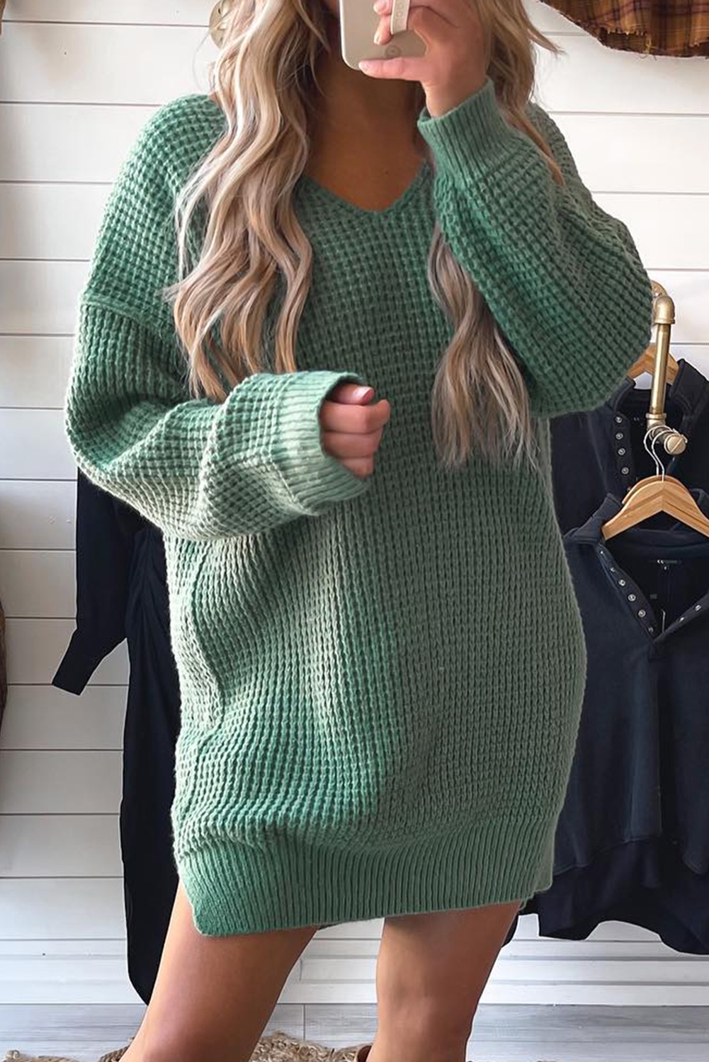 $11.95 Mist Green V Neck Waffle Knit Shift Mini Sweater Dress Wholesale