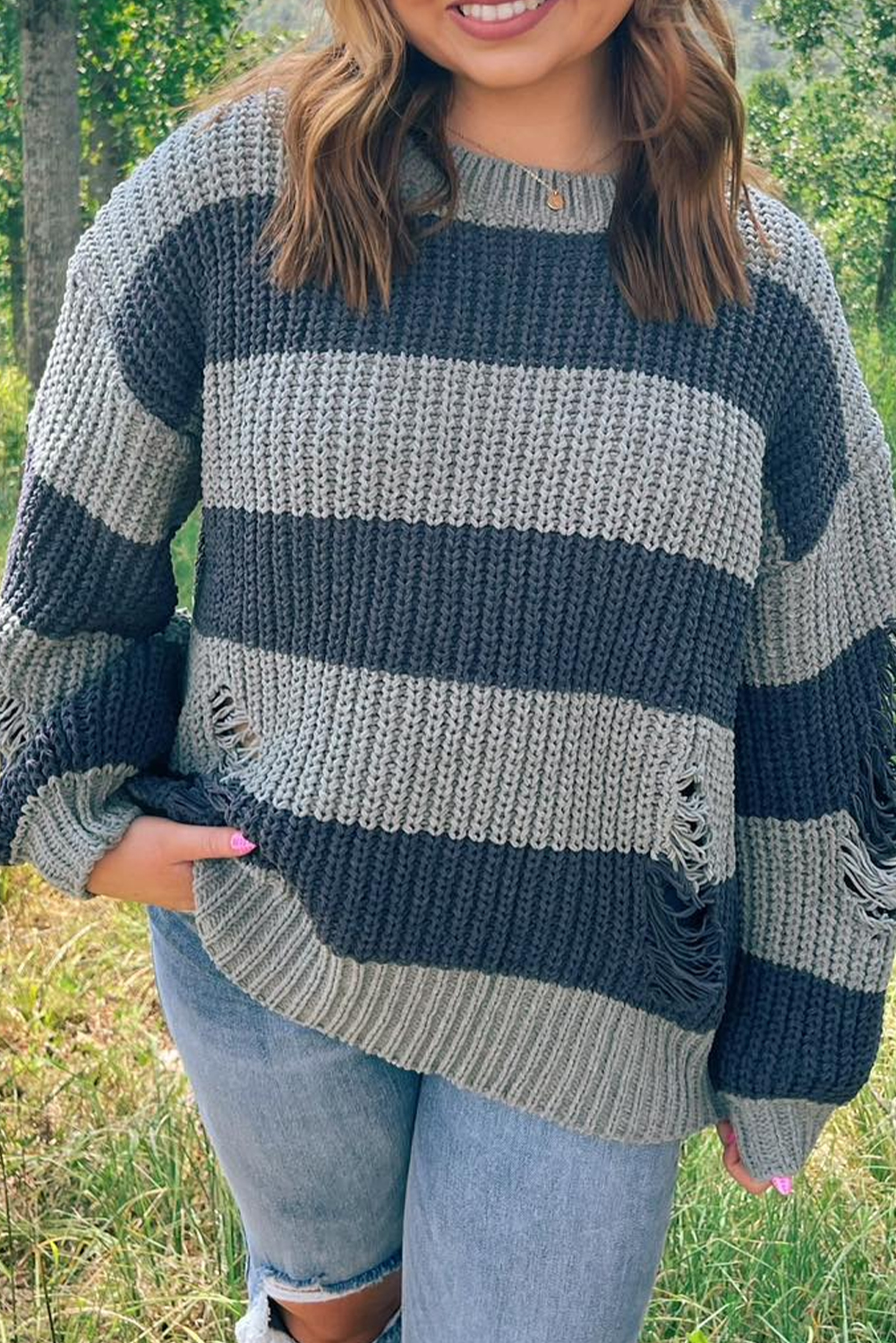 $11.12 Gray Stripe Colorblock Distressed Plus Size Sweater Wholesale