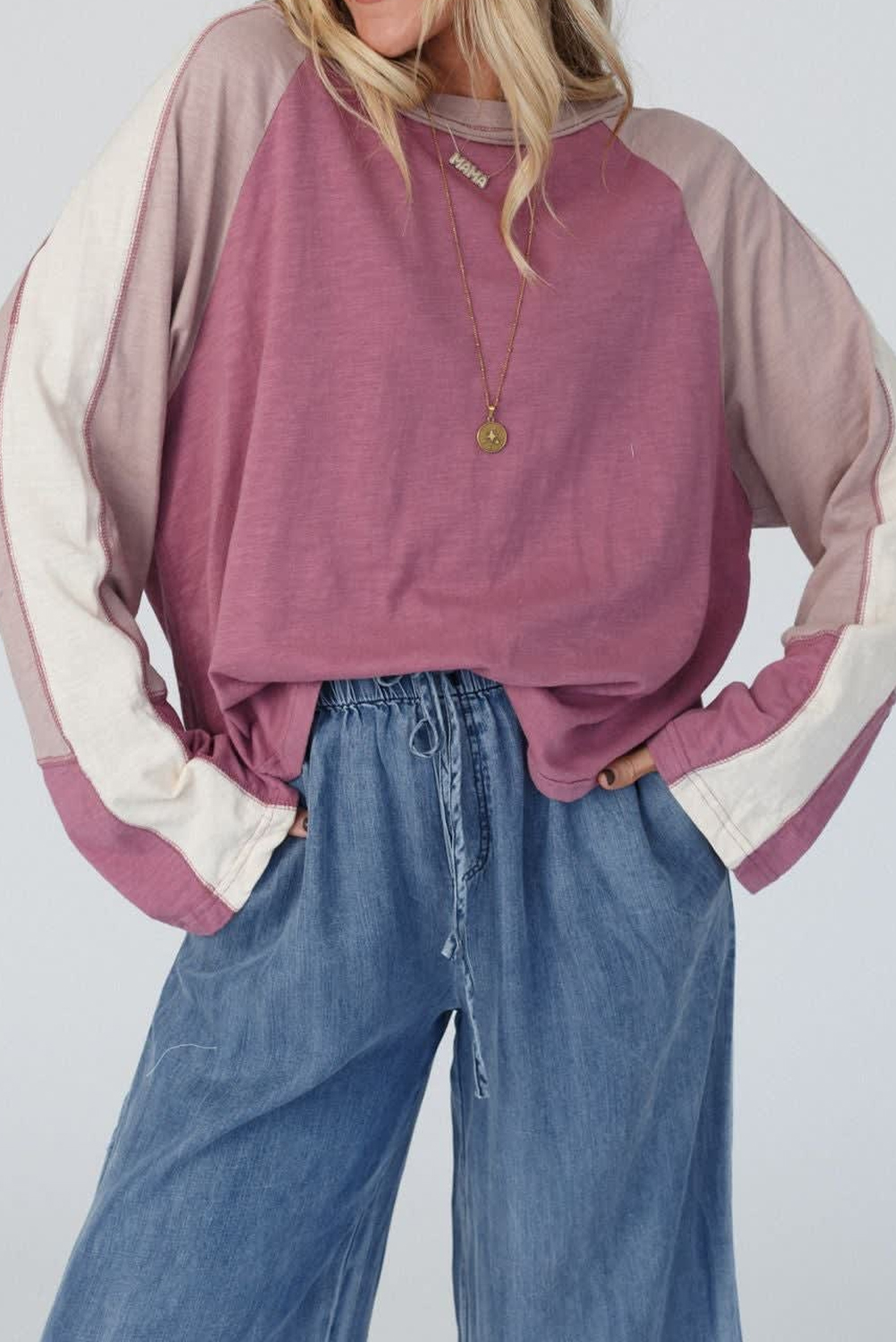 $6.98 Heather Color Block Stitched Raglan Sleeve Loose Top Wholesale