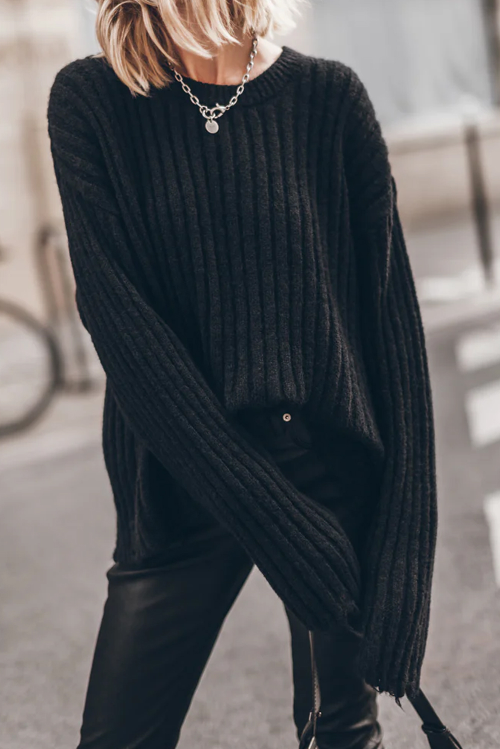 $9.49 Black Ribbed Knit Raw Edge Distressed Slouchy Sweater Wholesale