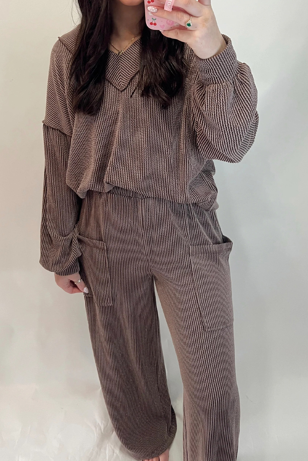 $12.29 Goat Twisted Ribbed V Neck Drop Shoulder Pullover Pocketed Pants ...