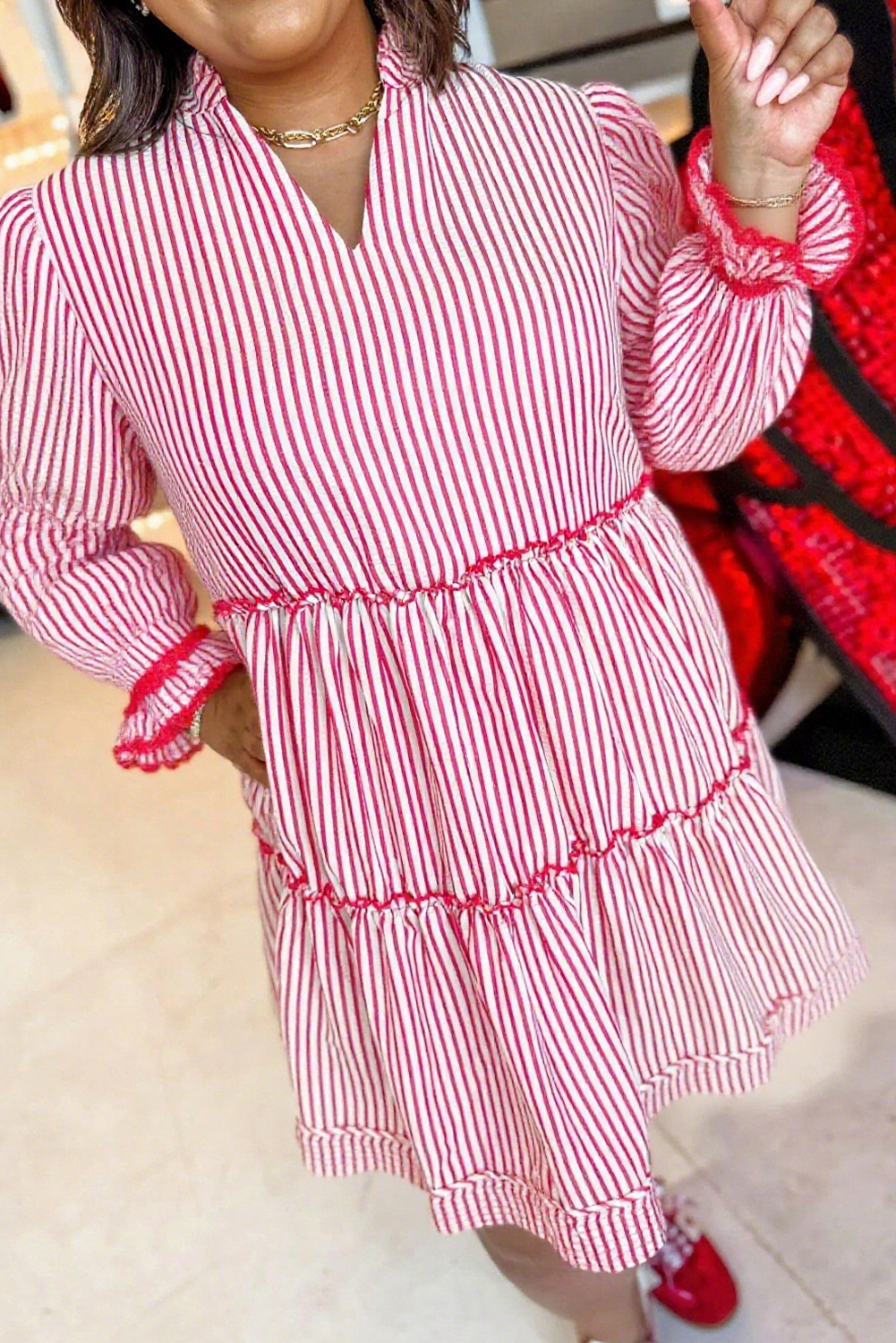$13.12 Red Stripe Contrast Stitched Detail Long Flounce Sleeve V Neck ...