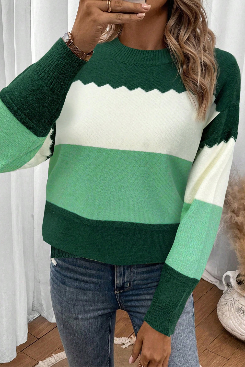 $9.68 Green Colorblock Crew Neck Drop Shoulder Sweater Wholesale