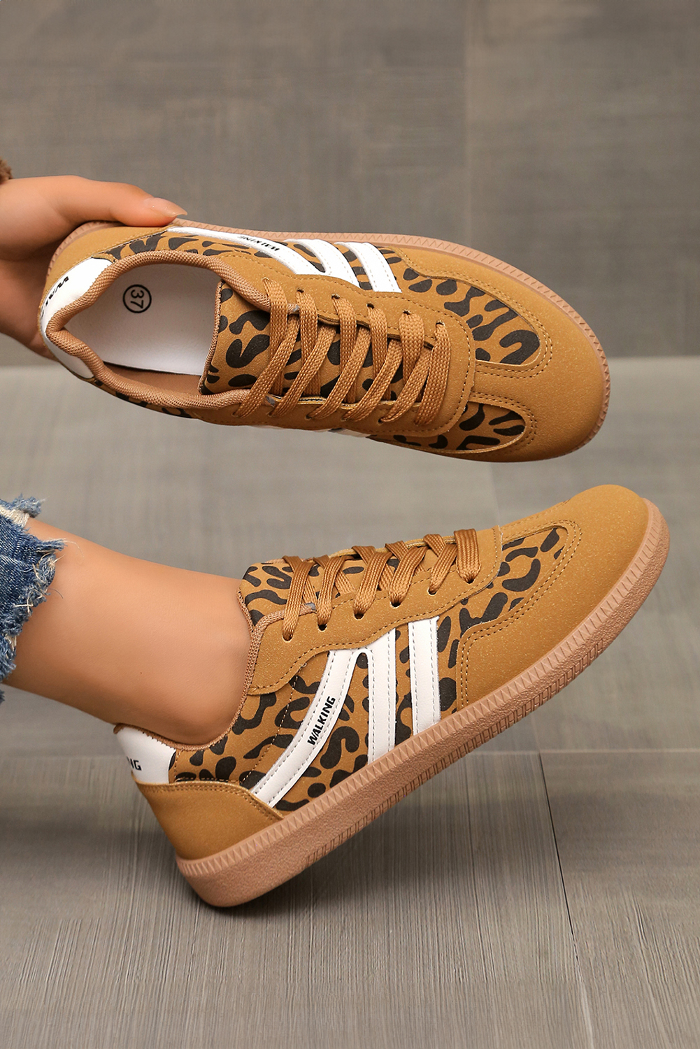 $7.88 Thai Curry PU Leather Leopard Patchwork Contrast Detail Lace-up ...