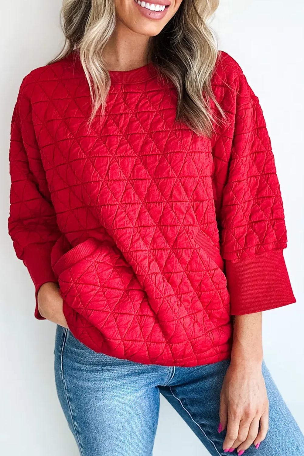 $7.69 Fiery Red Quilted Texture Loose 3/4 Sleeve Top Wholesale