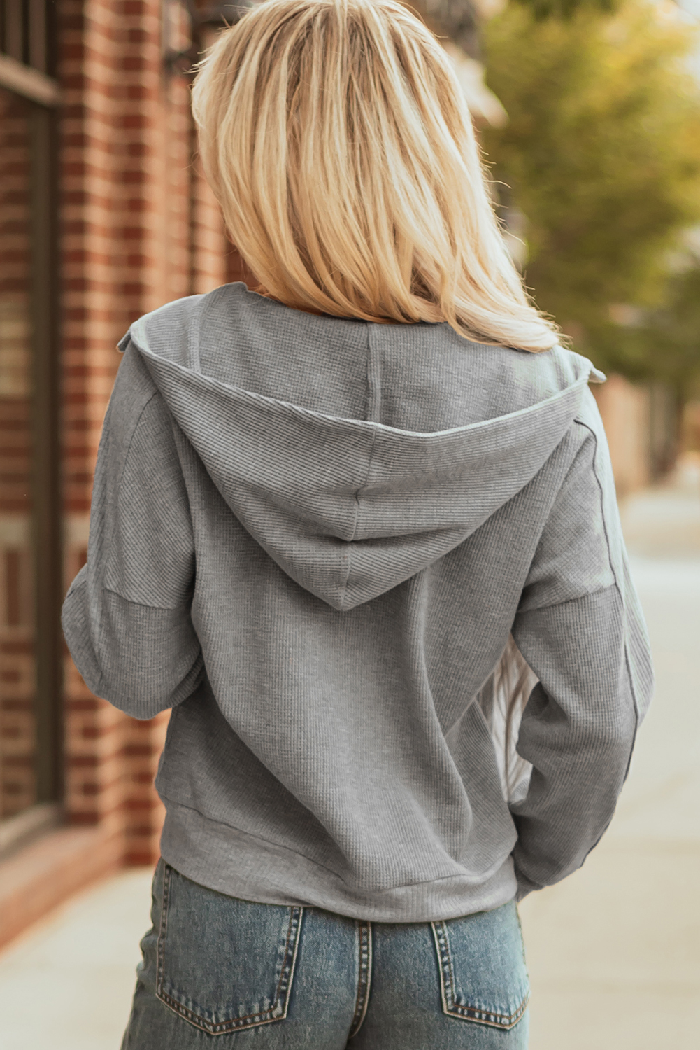 $12.85 Gray Waffle Splicing Zip Up Front Button Hooded Jacket Wholesale