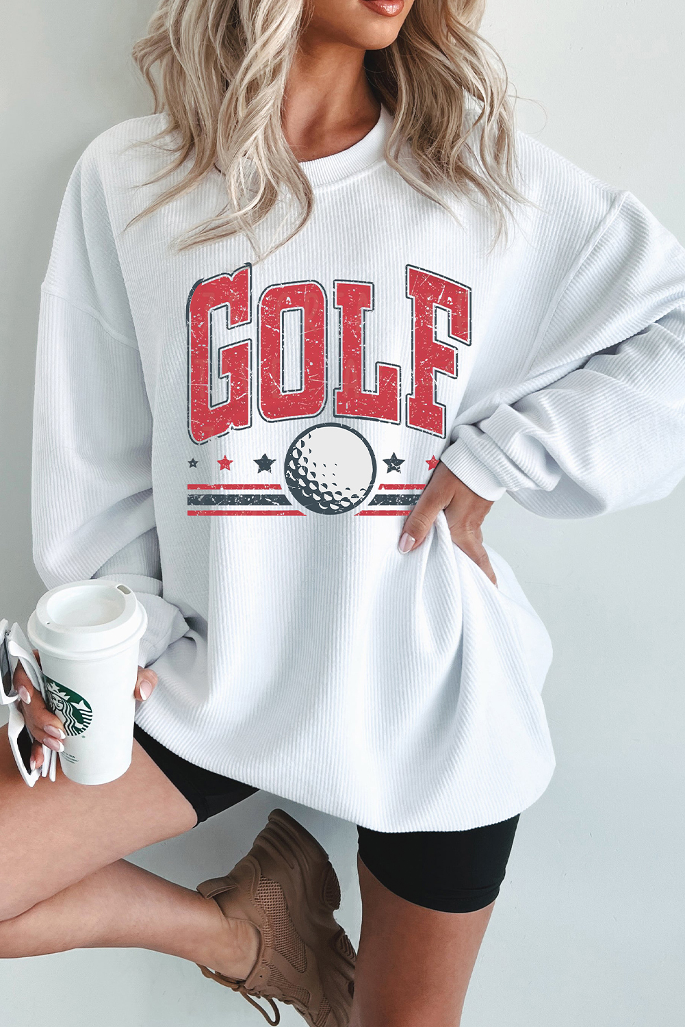 $8.47 White GOLF Ball Print Ribbed Drop Shoulder Baggy Sweatshirt Wholesale