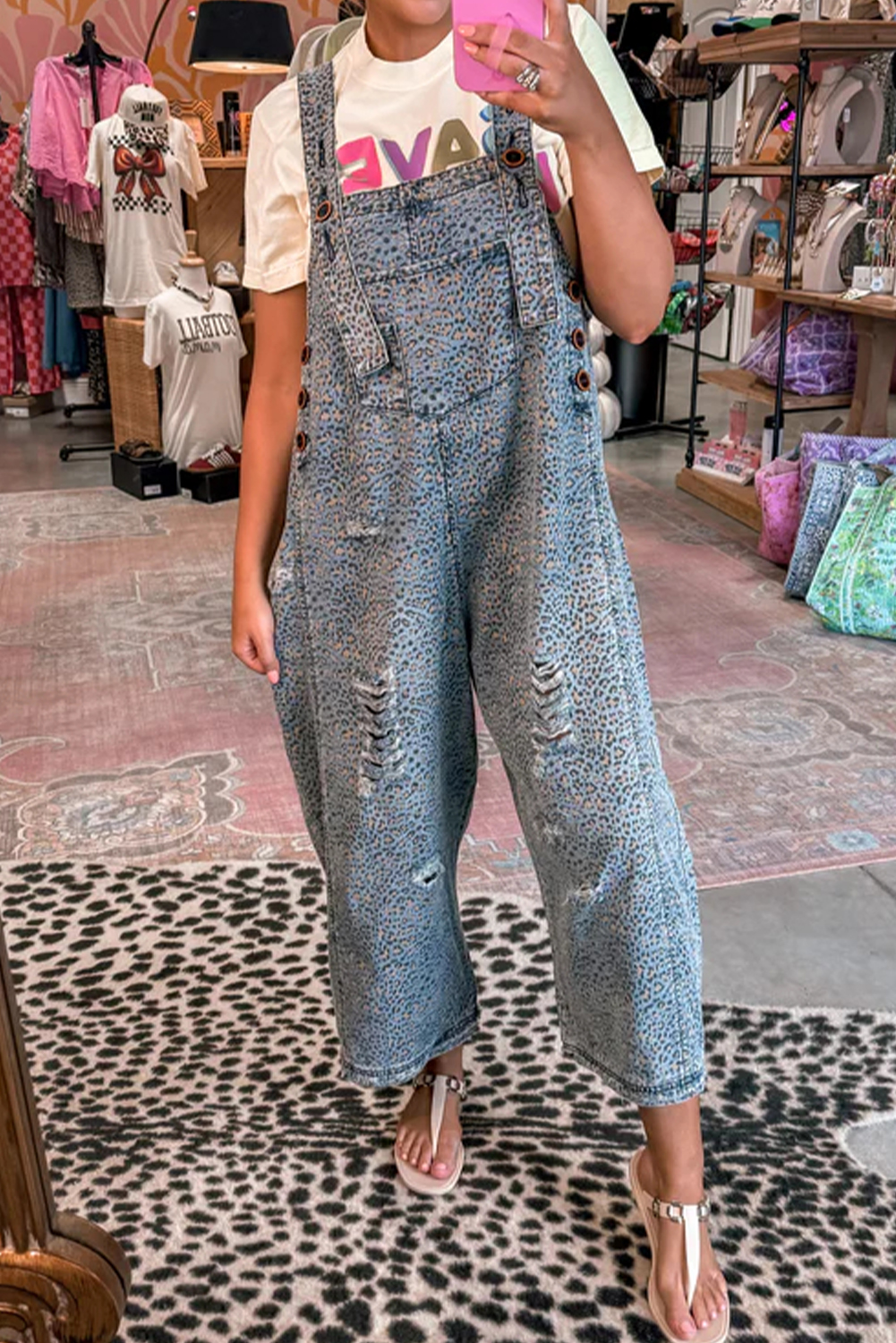 $14.57 Sky Blue Leopard Distressed Washed Wide Leg Denim Overalls Wholesale