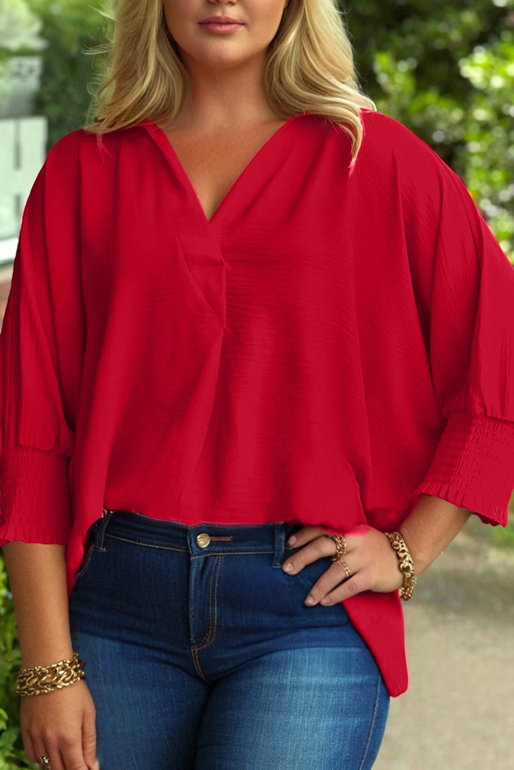 $7.13 Fiery Red Plus Size Smocked Cuff Dolman Oversized Tunic Blouse ...