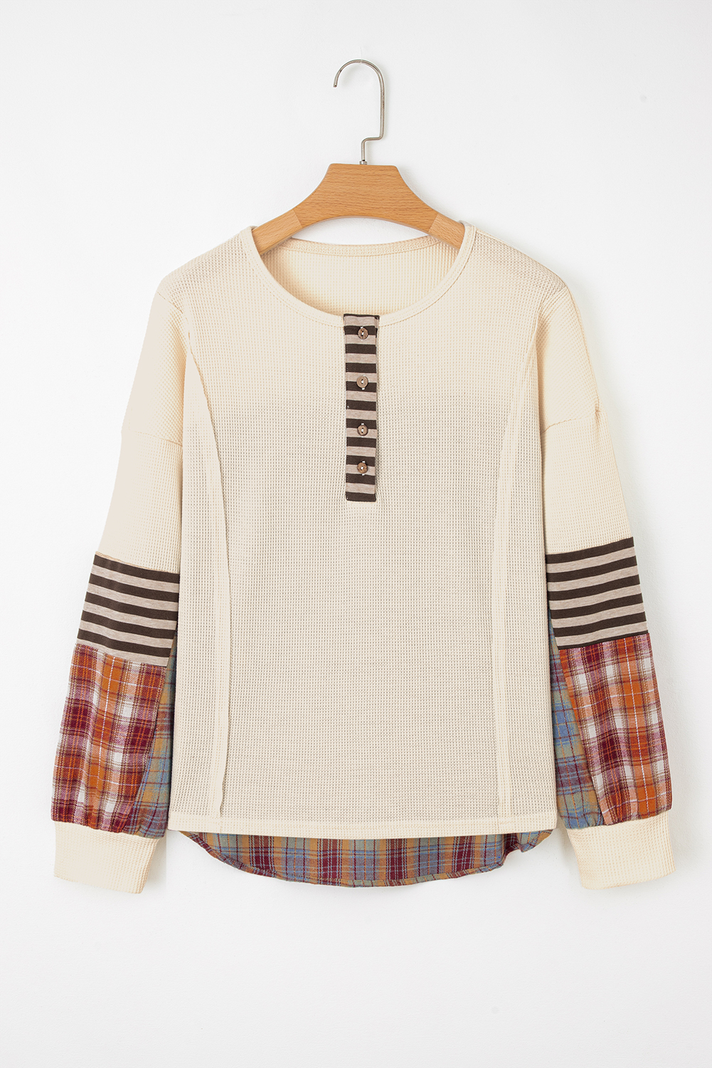 $7.59 Beige Waffle Stripe Plaid Patchwork Henley Knit Top Wholesale
