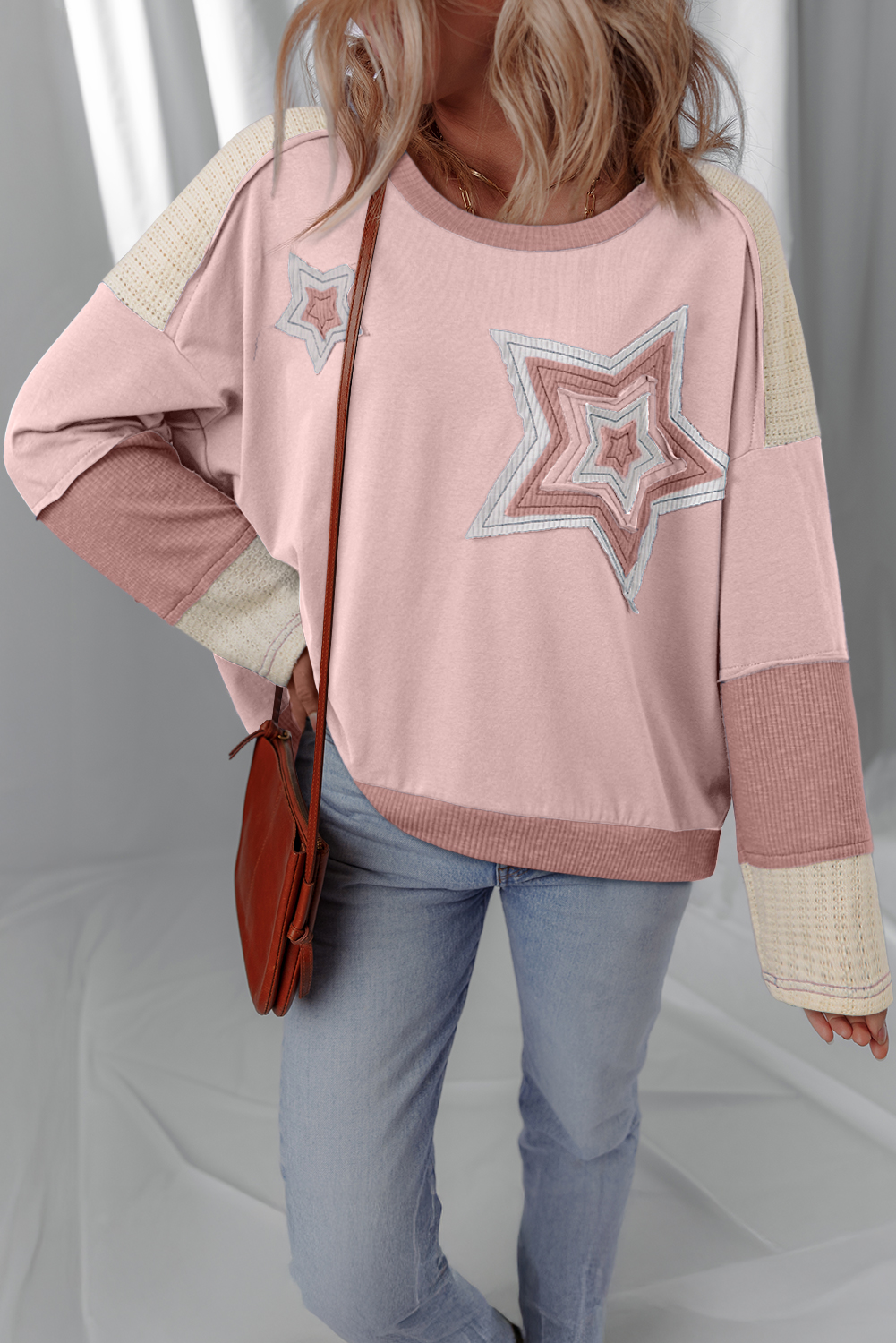 $9.83 Light Pink Contrast Knitted Colorblock Star Patchwork Oversize ...