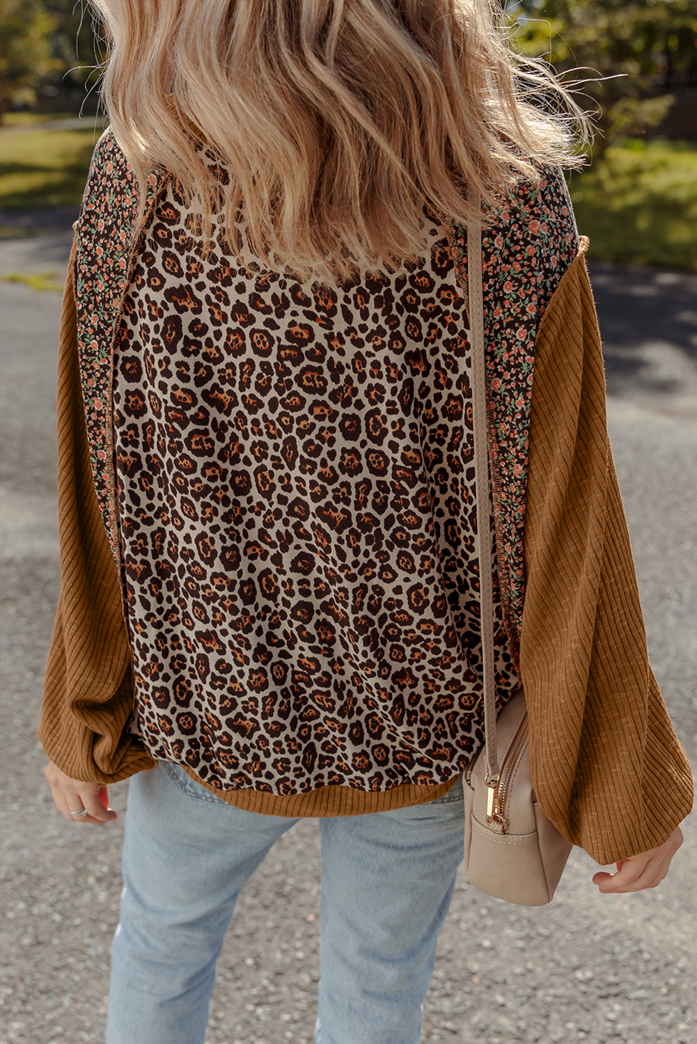 $6.16 Brown Leopard Floral Print Ribbed Puff Sleeve Patchwork Loose ...
