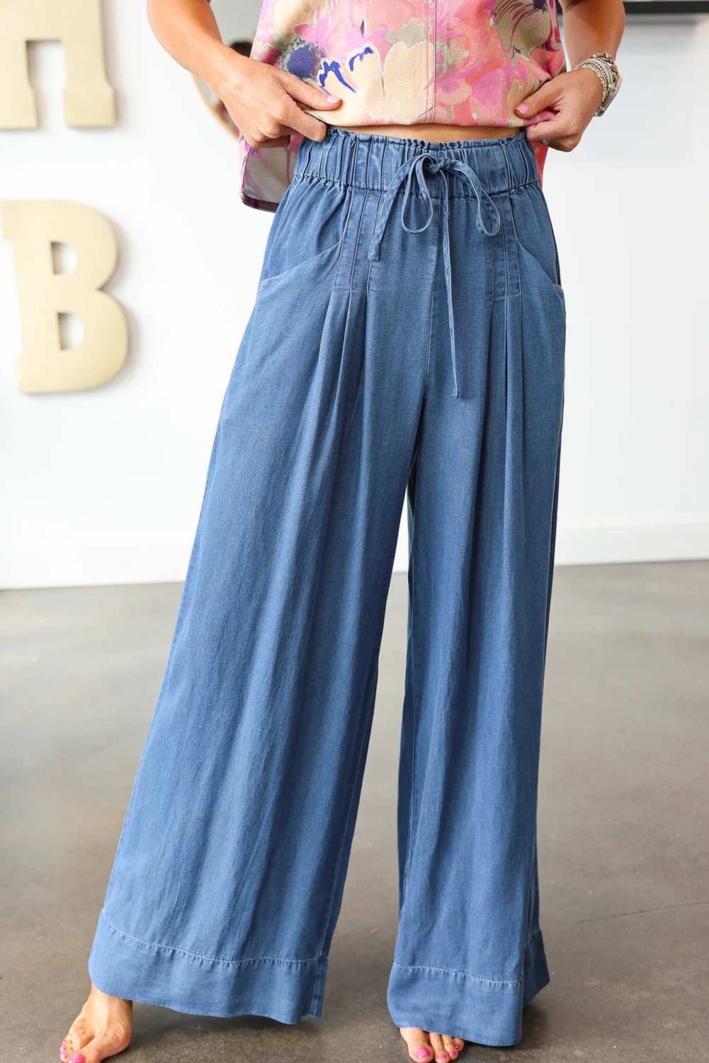 $12.94 Ashleigh Blue Drawstring Elastic Waist Pintuck Pleated Wide Leg ...