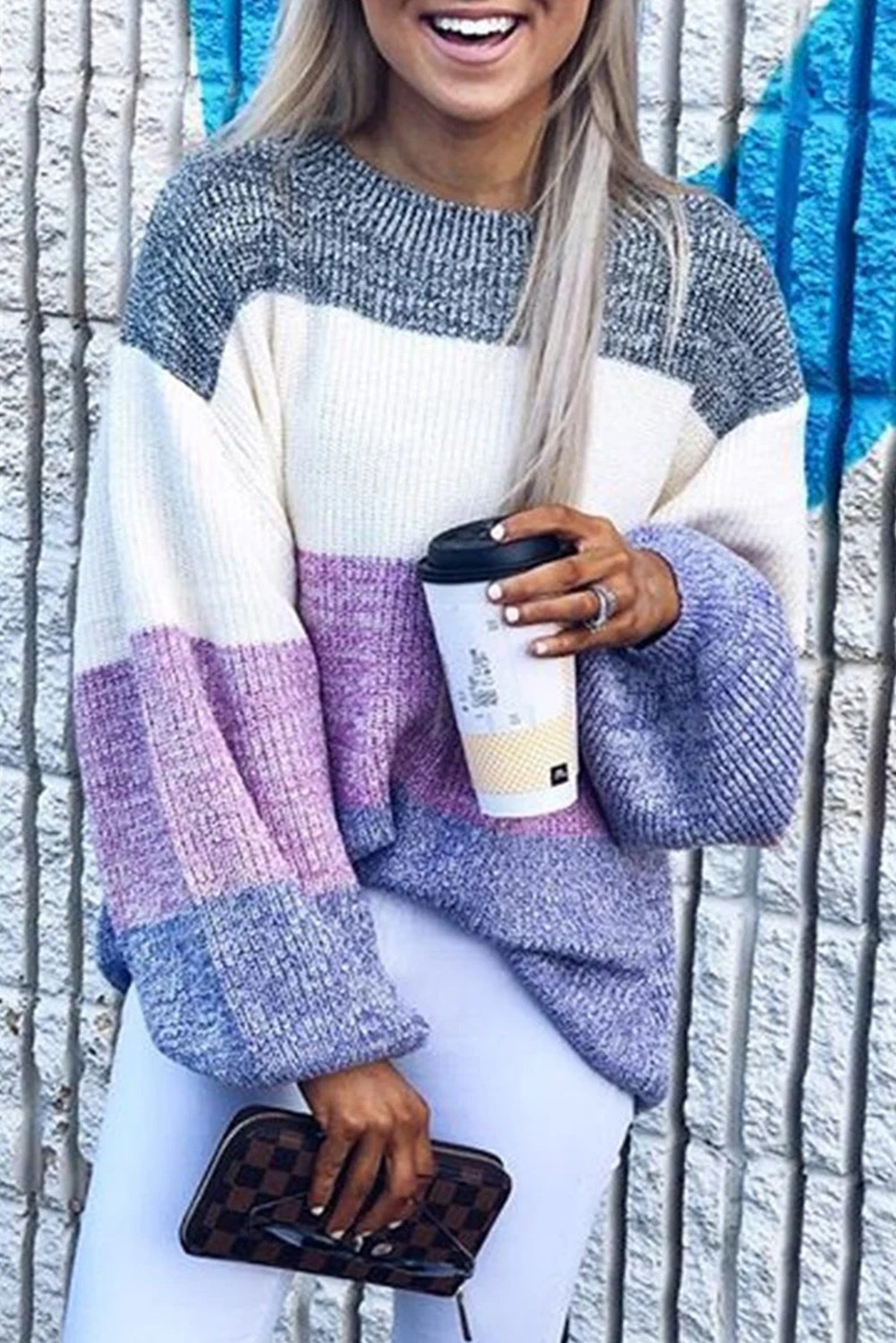 $9.88 Purple Striped Color Block Knitted Round Neck Casual Sweater ...