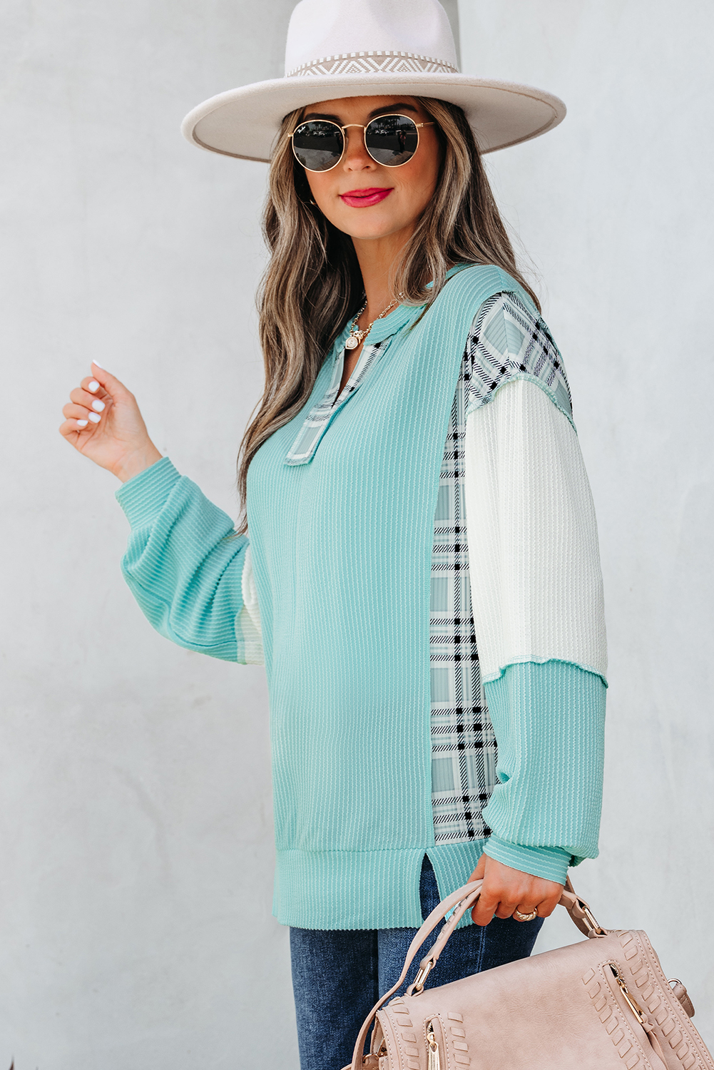 $7.59 Aruba Blue Corded Texture Colorblock Patchwork Split Neck Long ...