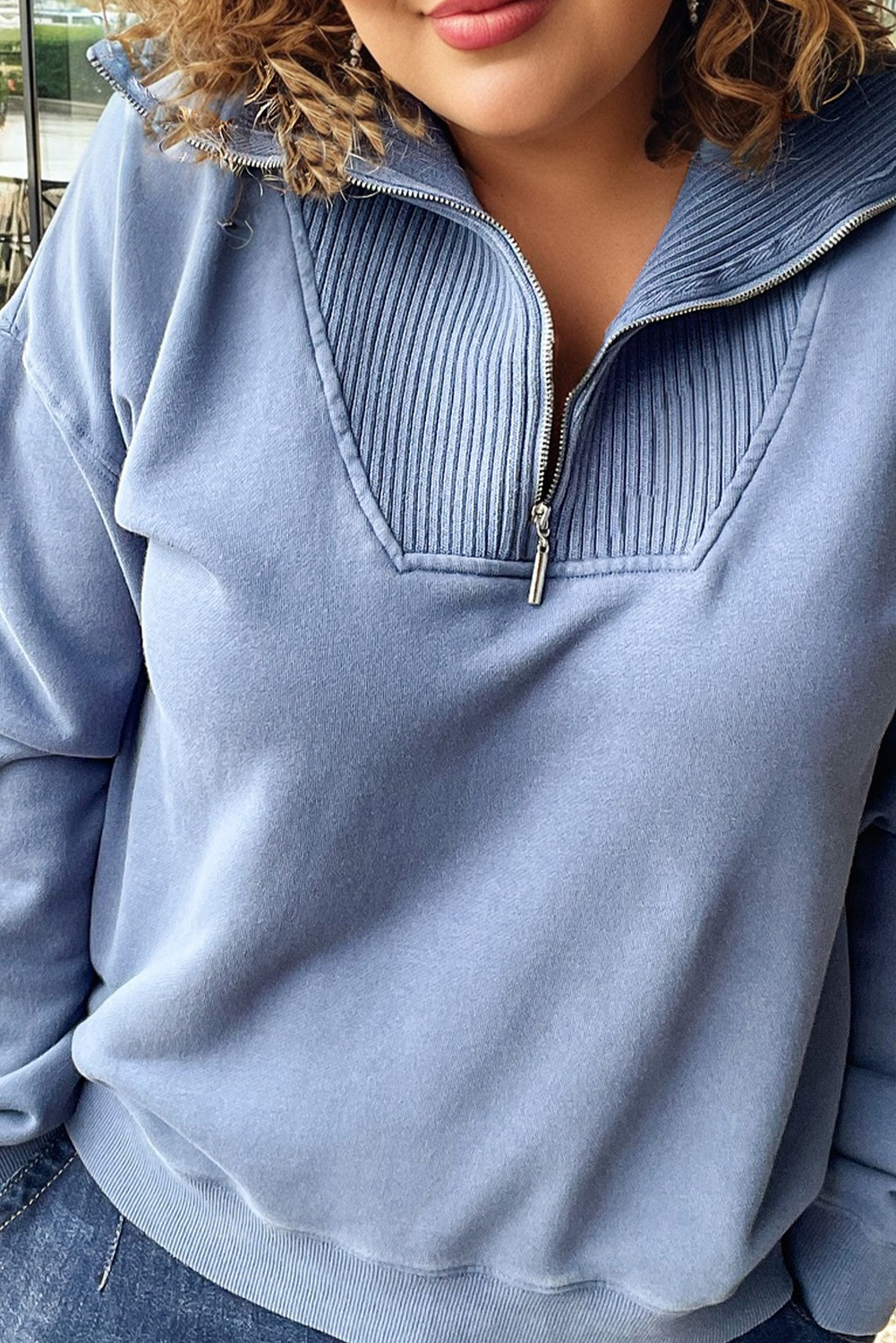 $12.01 Dusk Blue Zipped Collar Drop Shoulder Solid Color Plus ...