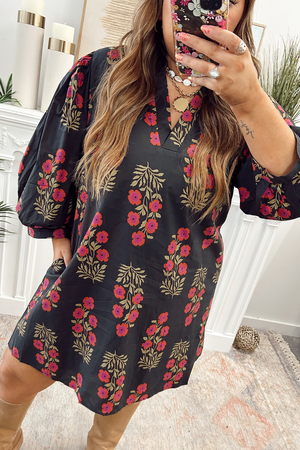 $14.62 Black Floral Print Puff Sleeve Plus Shift Dress Wholesale