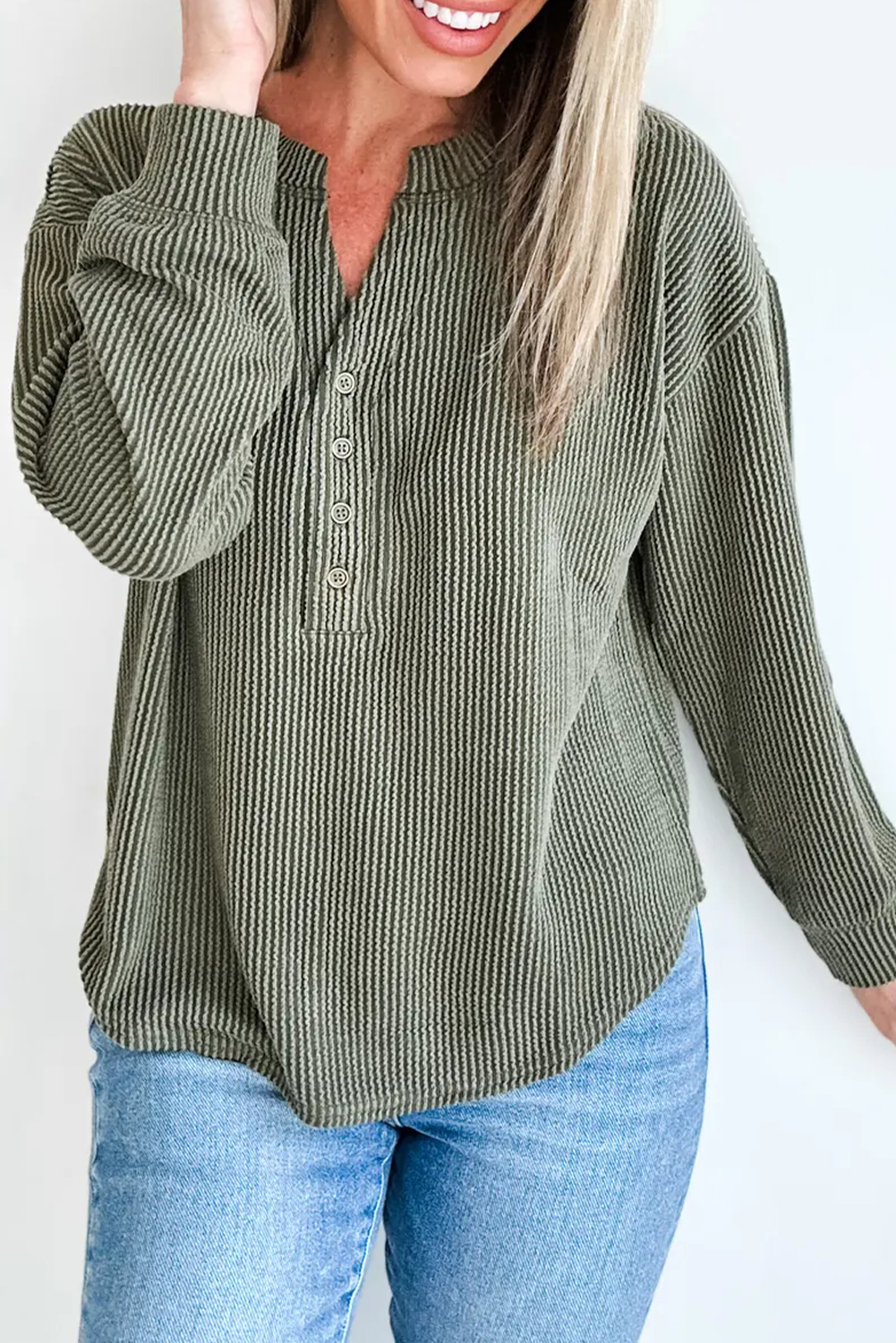$7.14 Seagrass Twisted Ribbed Half Button Long Sleeve Loose Top Wholesale