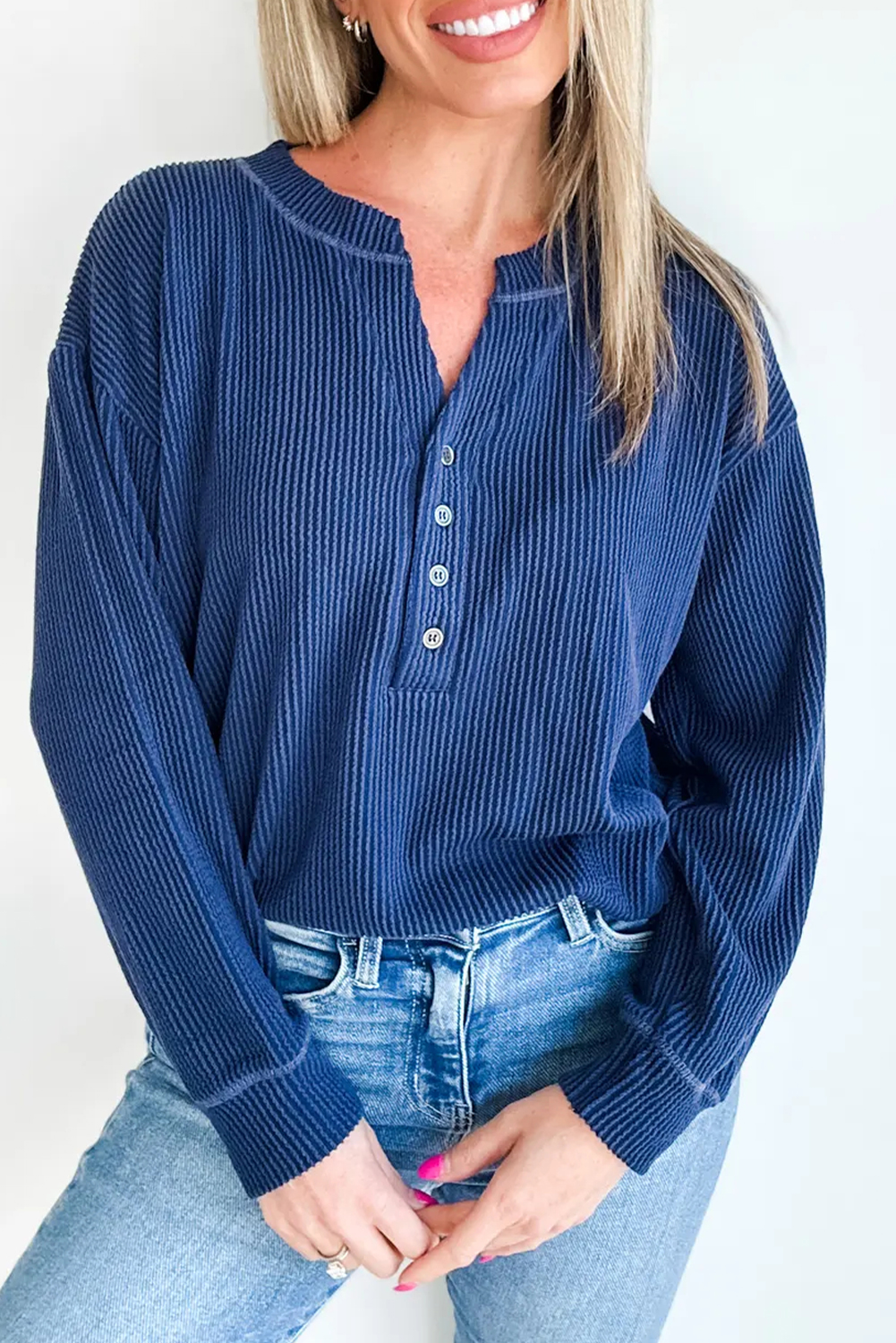 $7.14 Navy Blue Twisted Ribbed Half Button Long Sleeve Loose Top Wholesale