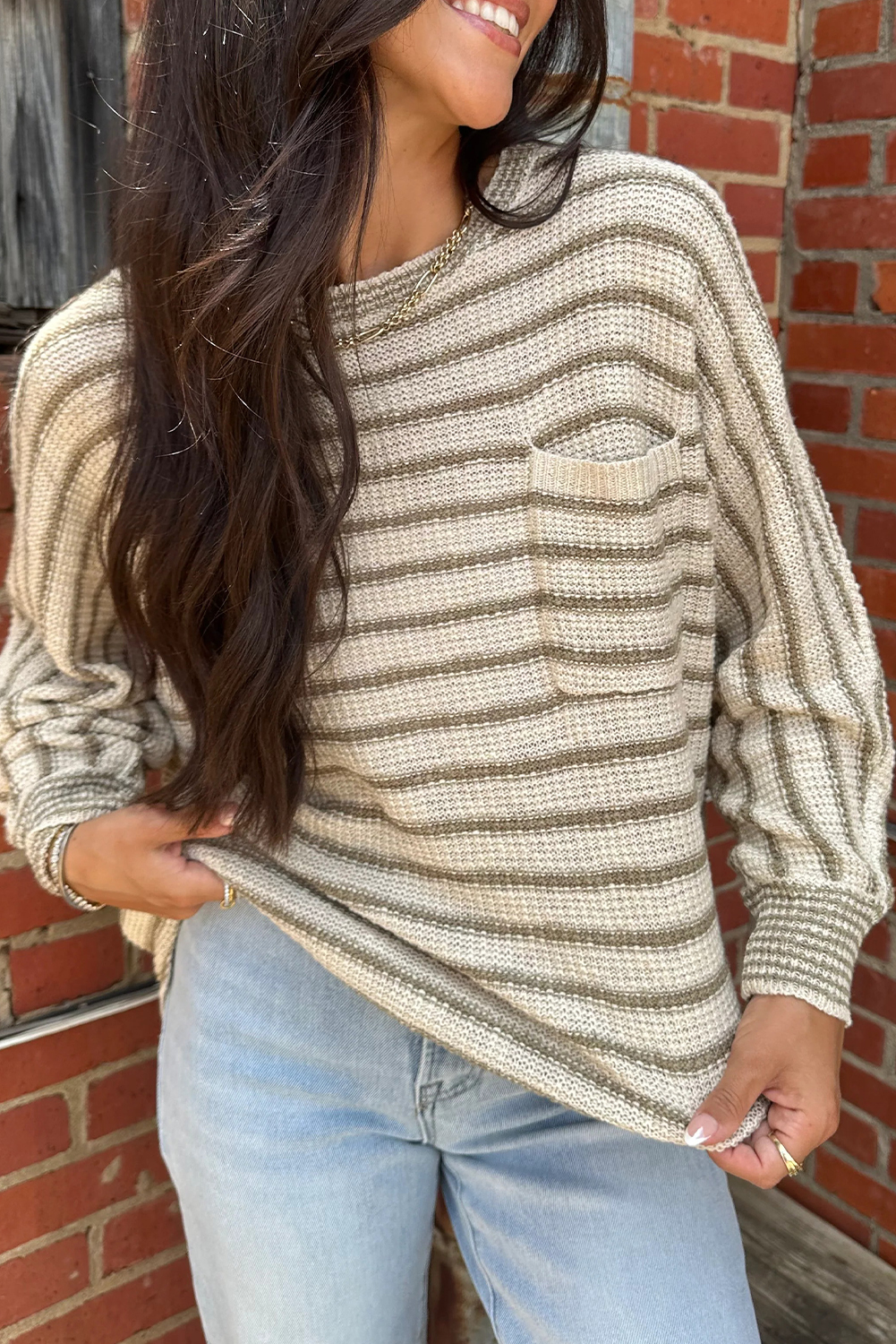 $9.45 Green Stripe Single Chest Pocket Dolman Knit Sweater Wholesale