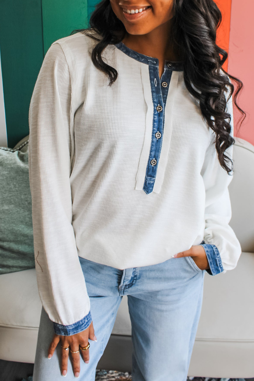 $7.14 White Long Sleeve Ribbed Knit Denim Contrast Trim Henley Top ...