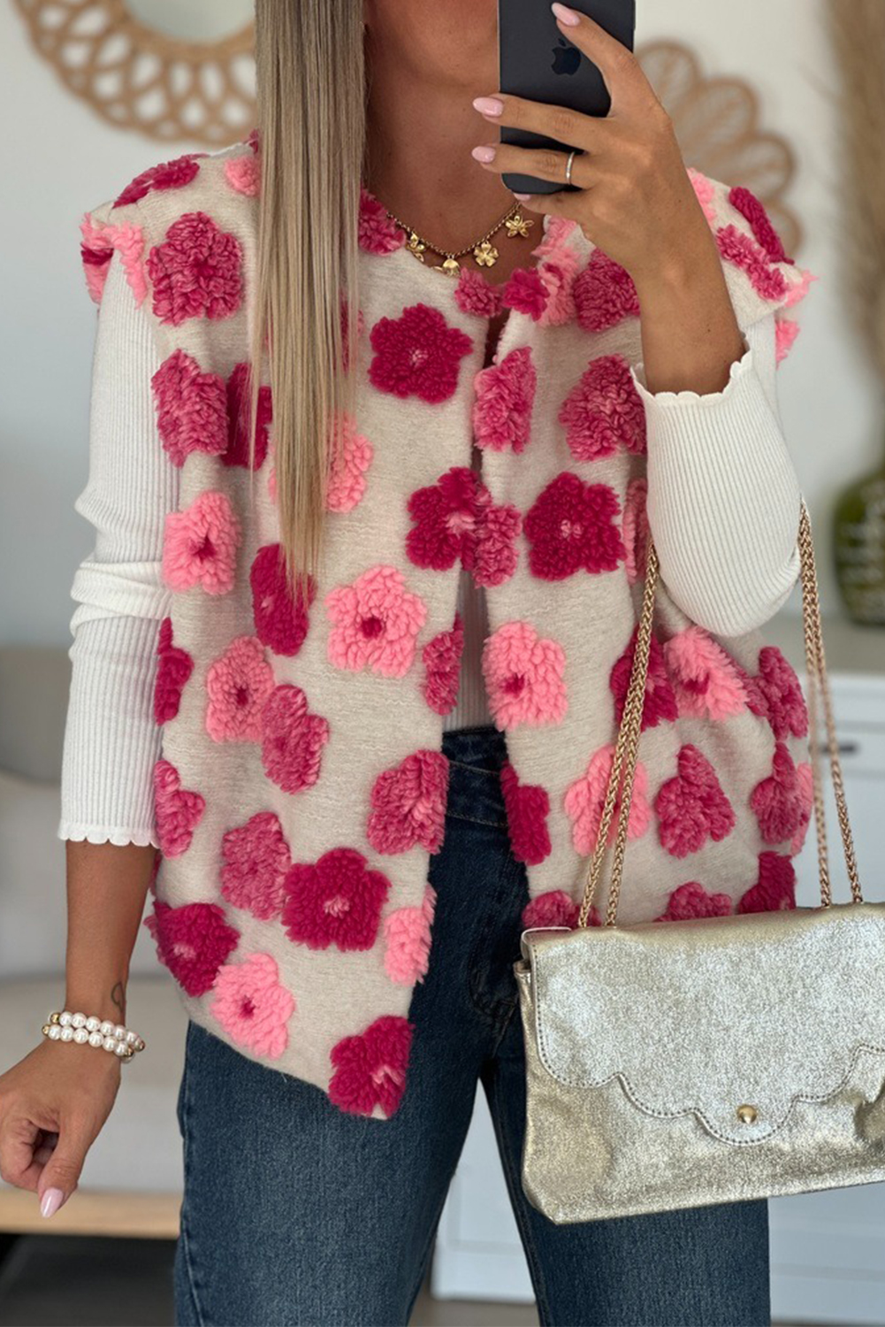 $11.11 Rose Red Plush Flower Embellishment Open Front Vest Wholesale