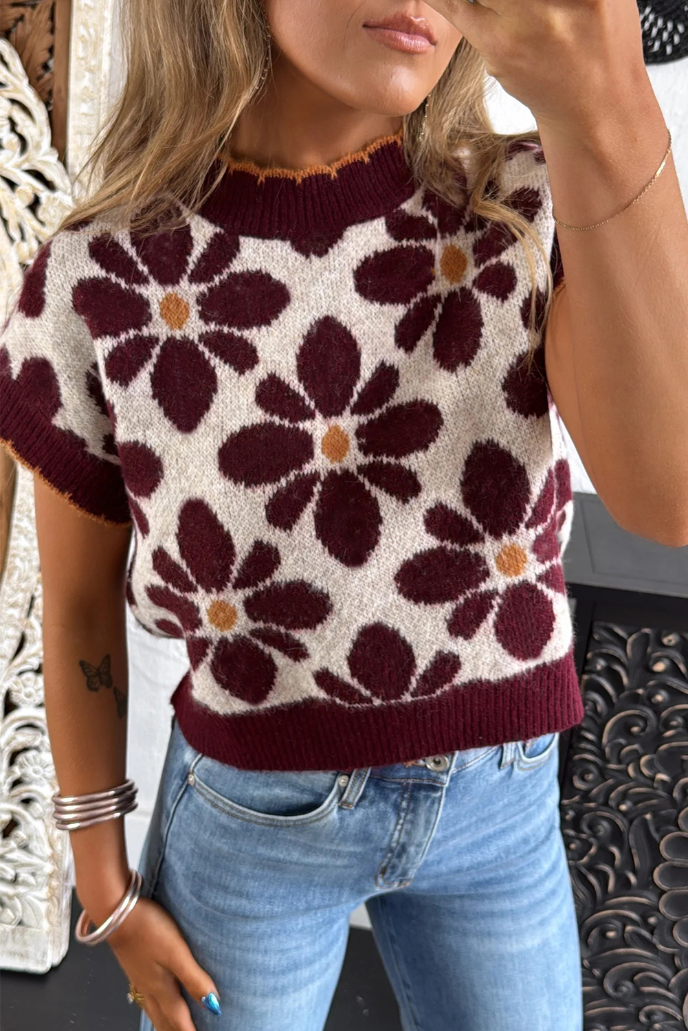 $9.56 Red Big Flower Pattern Knit Short Sleeve Sweater Wholesale