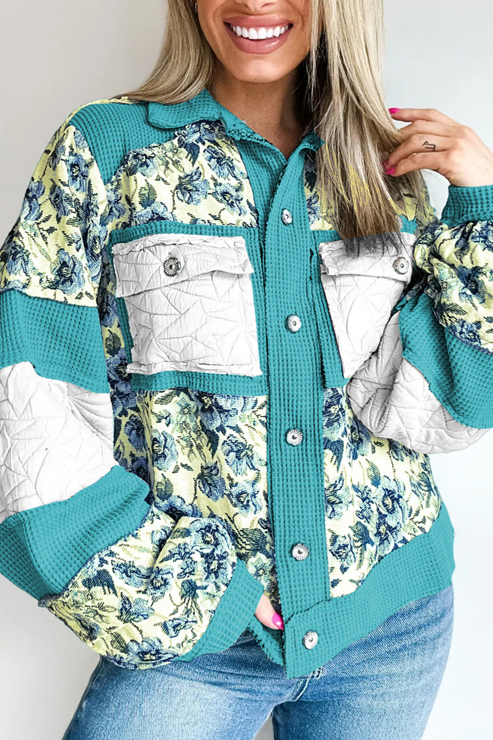 $13.49 Sky Blue Waffle Floral Mix Texture Color Block Patchwork Loose ...